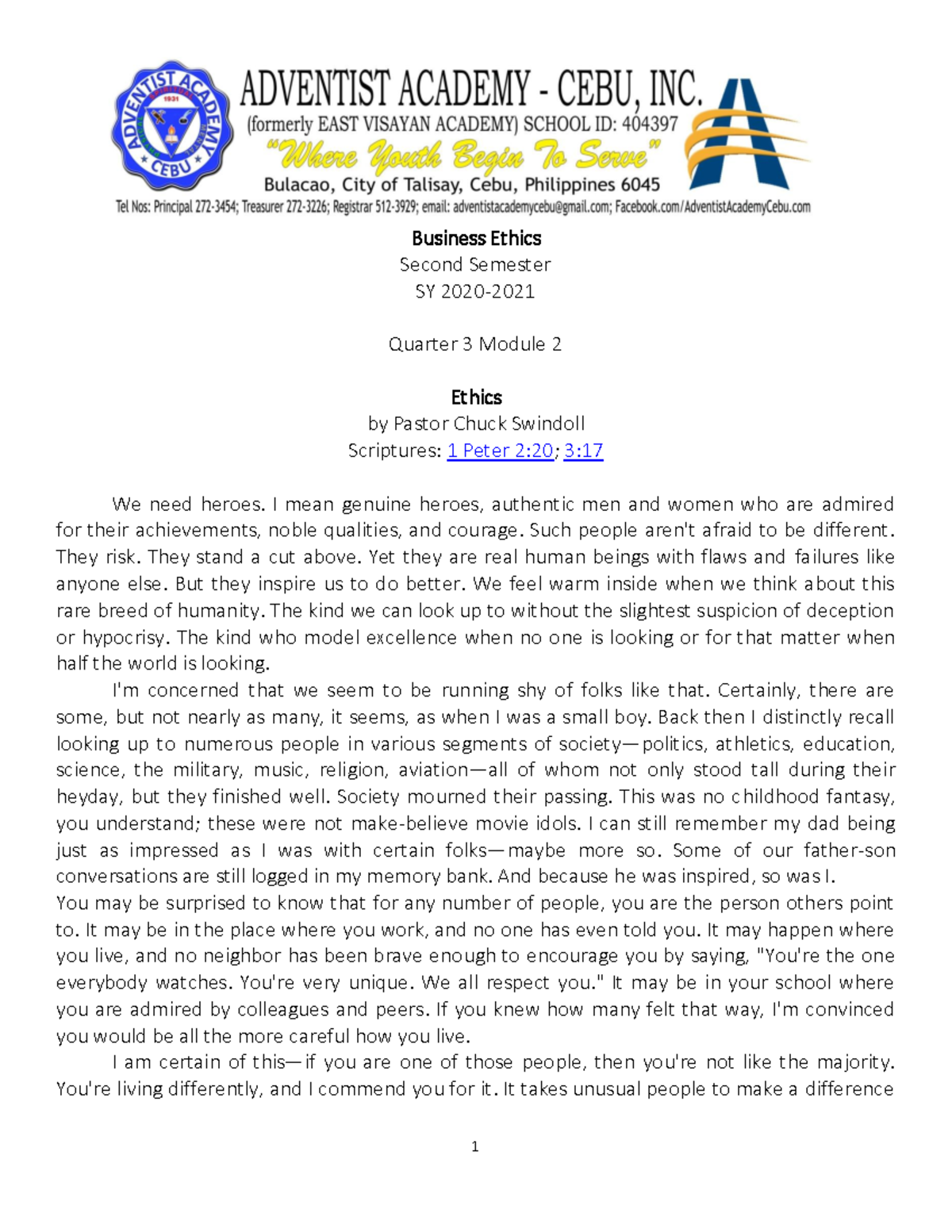 Business Ethics Hand Out No - Business Ethics Second Semester SY 2020 ...