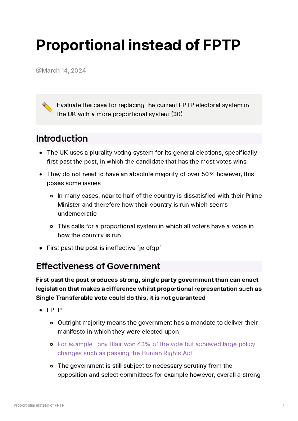 Evaluate the case for replacing the current FPTP system in the UK with ...