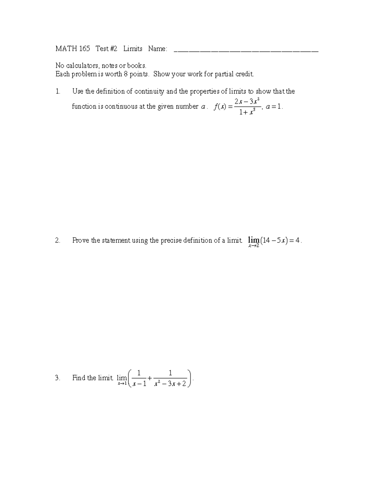 Chapter 02Sample Test - MATH 165 Test #2 Limits Name