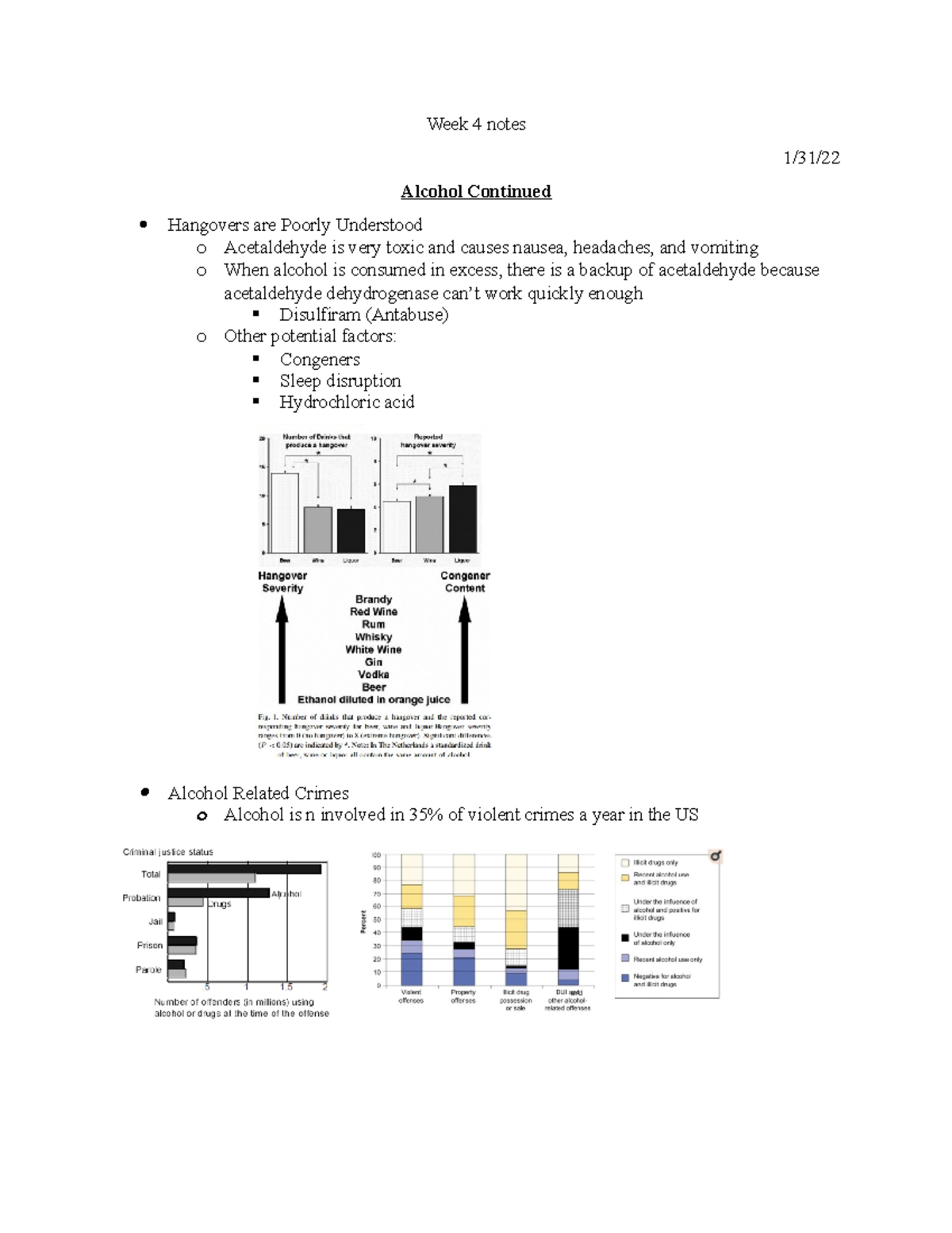 Week 4 notes for bbh - Week 4 notes 1/31/ Alcohol Continued Hangovers ...