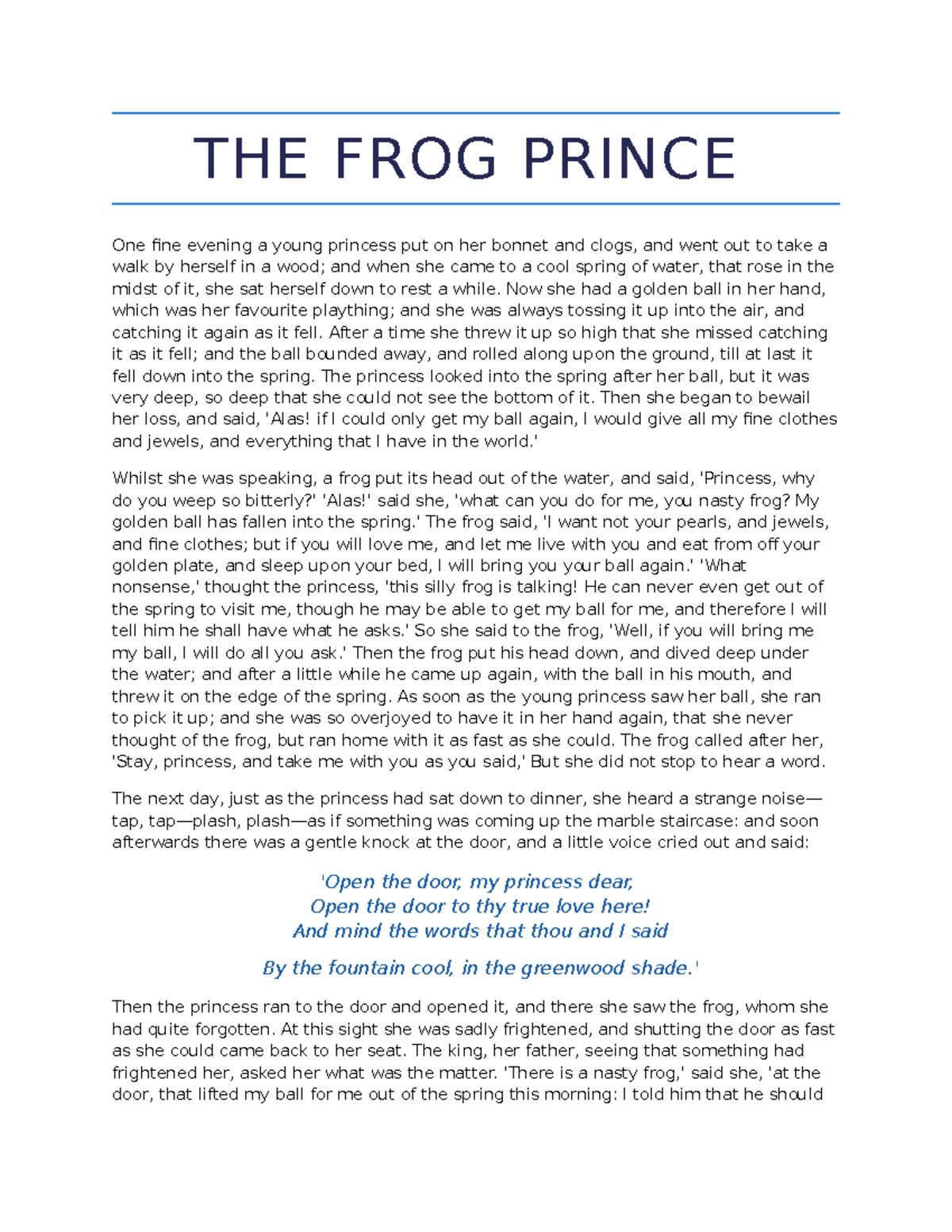 Word1 - xv cvc - THE FROG PRINCE One fine evening a young princess put ...