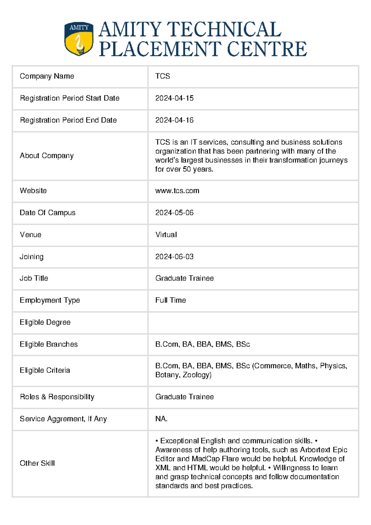 Placement Pdf Placement 2b635b - Company Name TCS Registration Period ...