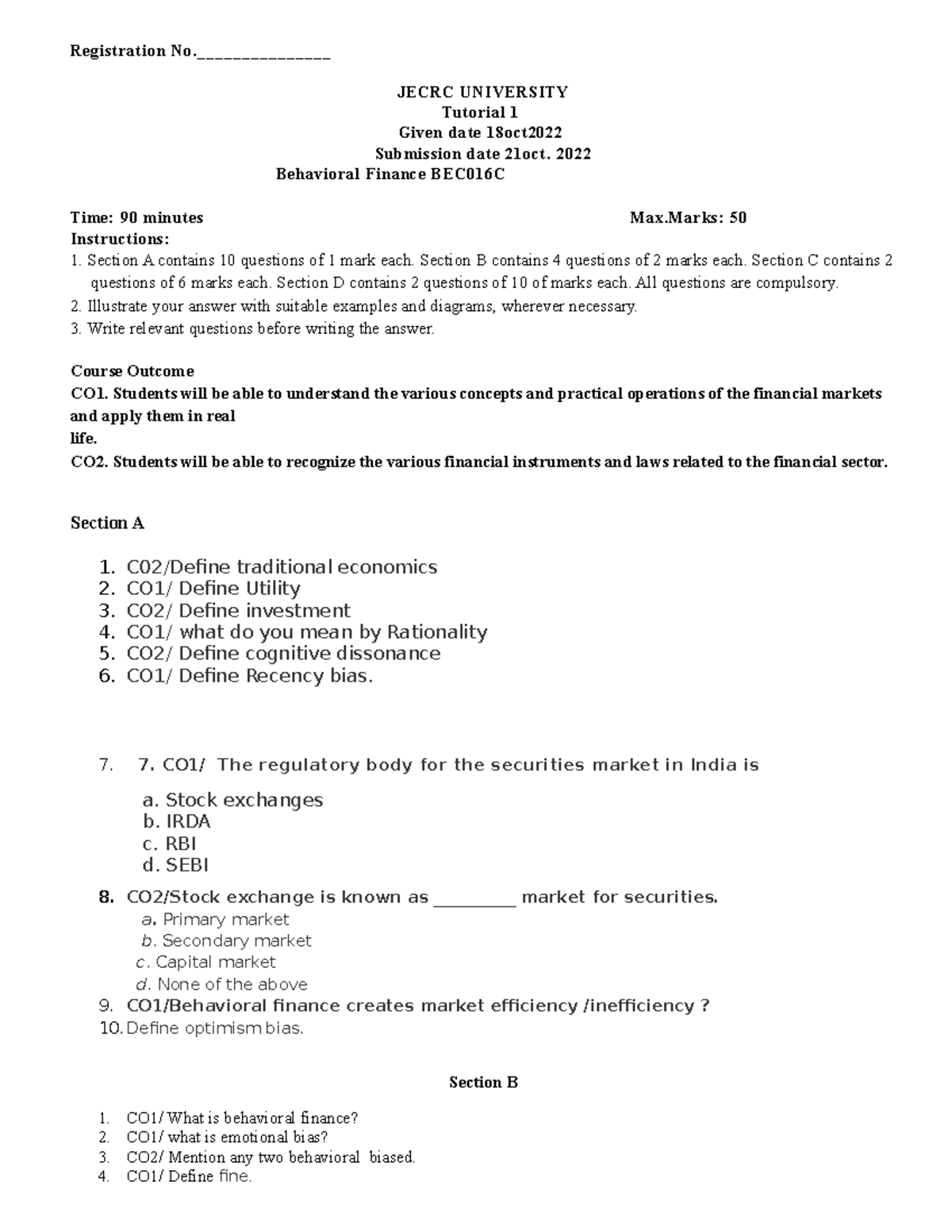 Behavioral finance - Registration No._______________ JECRC UNIVERSITY ...