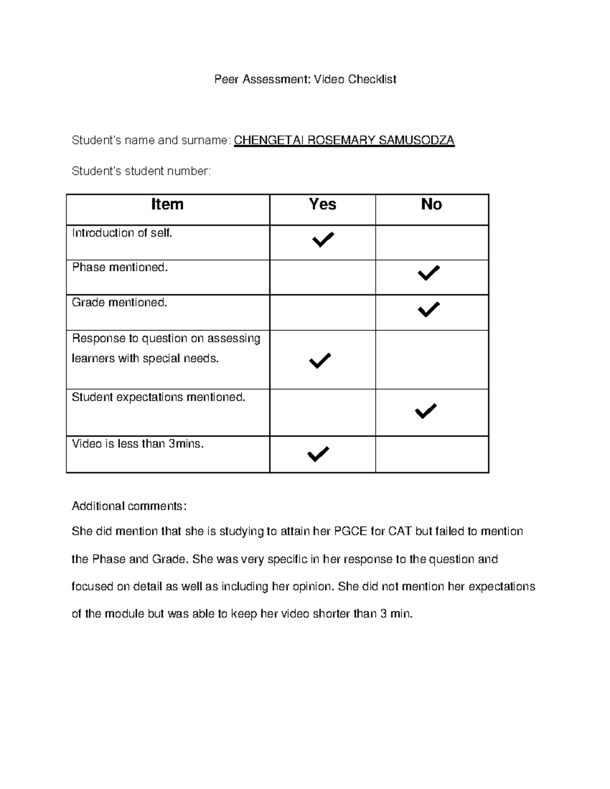 Peer Assessment Video Checklist - Peer Assessment: Video Checklist ...