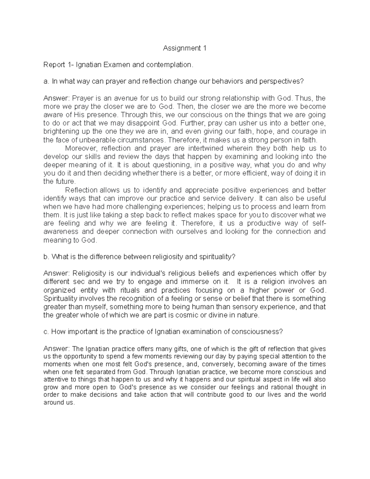 Reflection on Ignatian Examen - Assignment 1 Report 1- Ignatian Examen ...