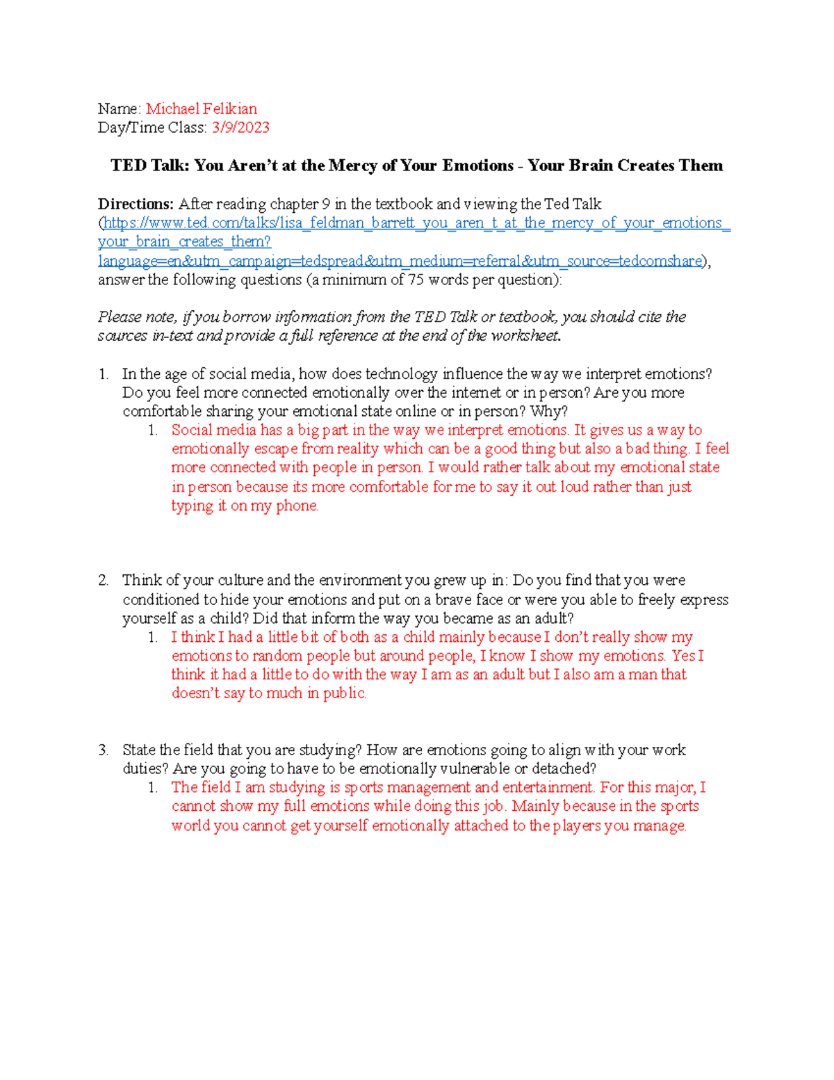 TED Talk Emotions ( Blended) - Name: Michael Felikian Day/Time Class: 3 ...