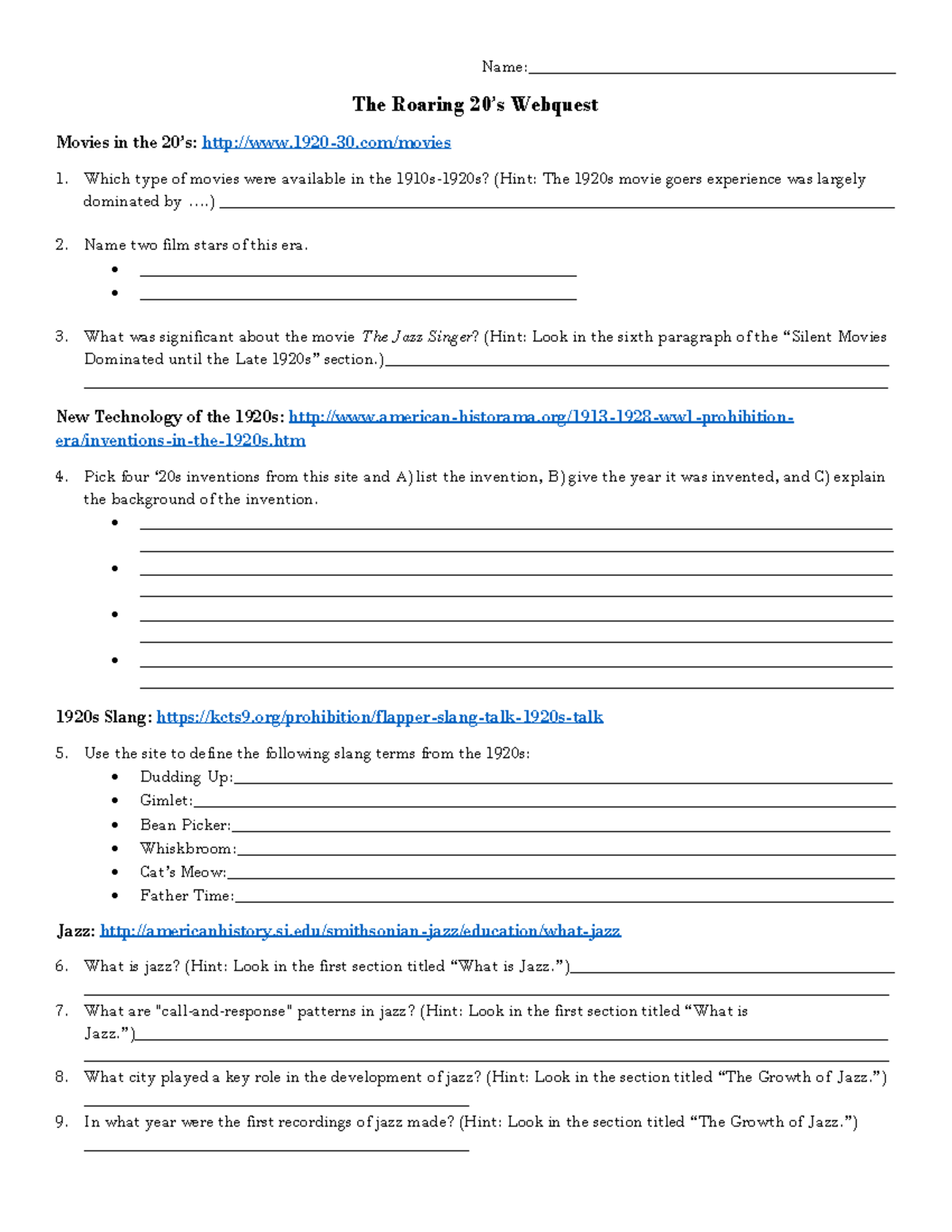 Roaring 20s Webquest - Name ...