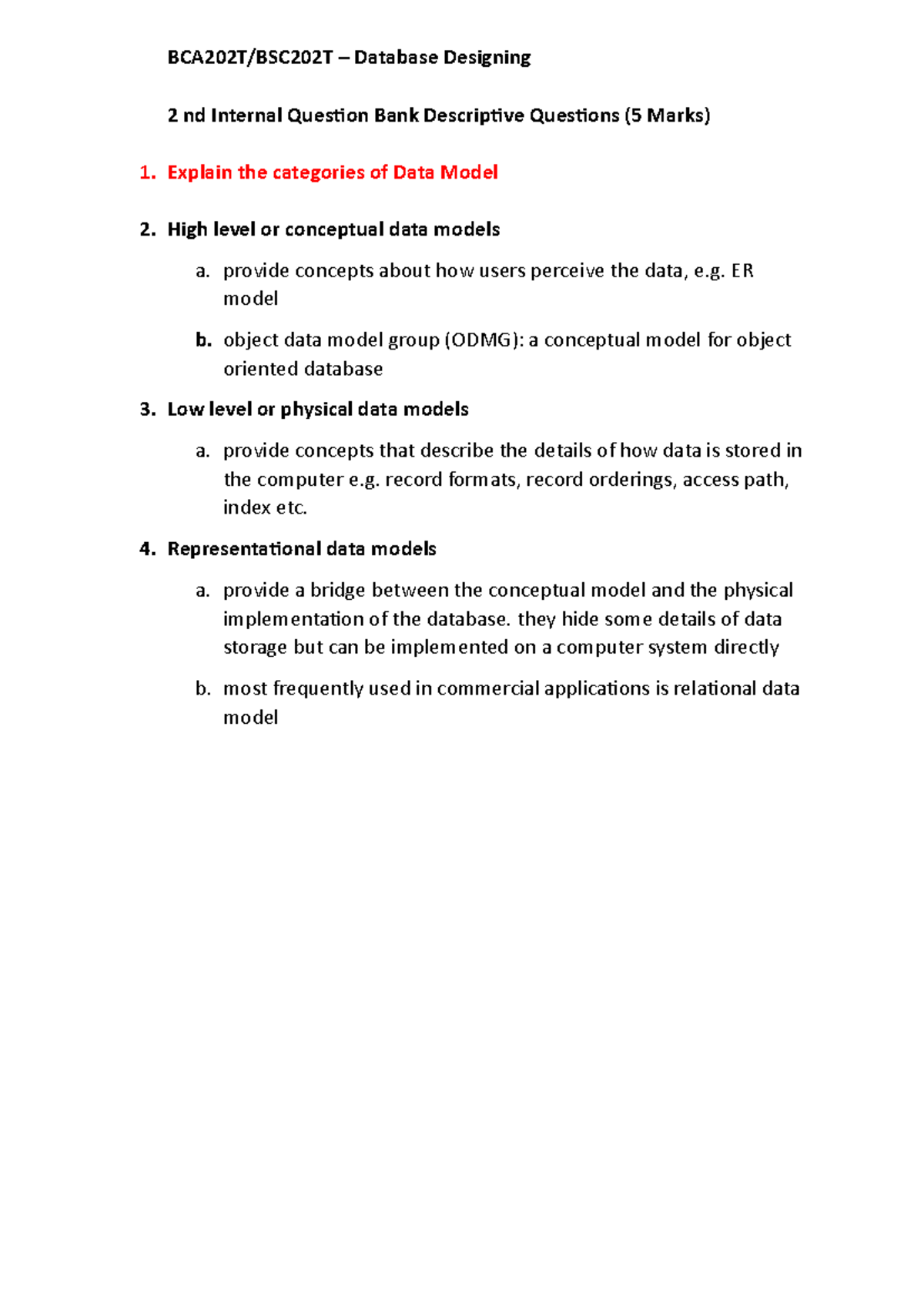 New important dbms - dbms - BCA202T/BSC202T – Database Designing 2 nd Internal Question Bank ...