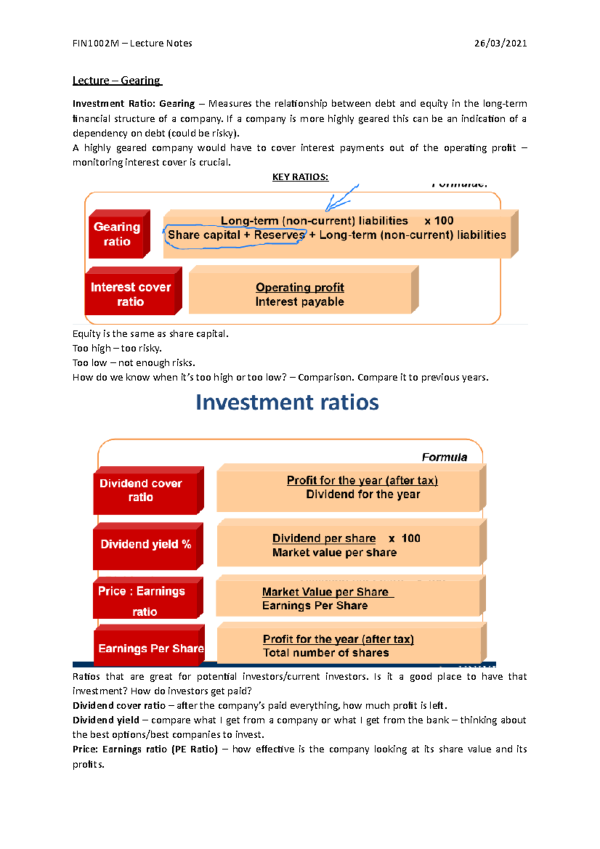 Lecture - Gearing - Lecture – Gearing Investment Ratio: Gearing ...