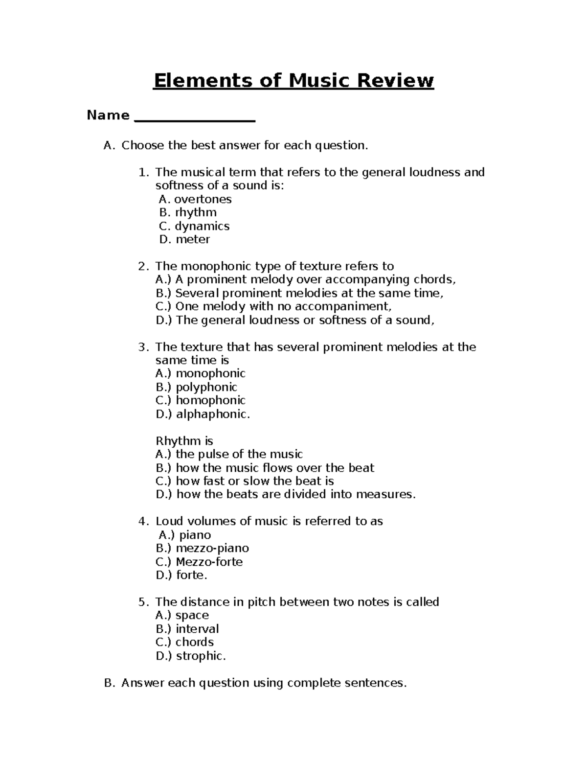 302484596 Elements of Music Quiz - Elements of Music Review Name ...