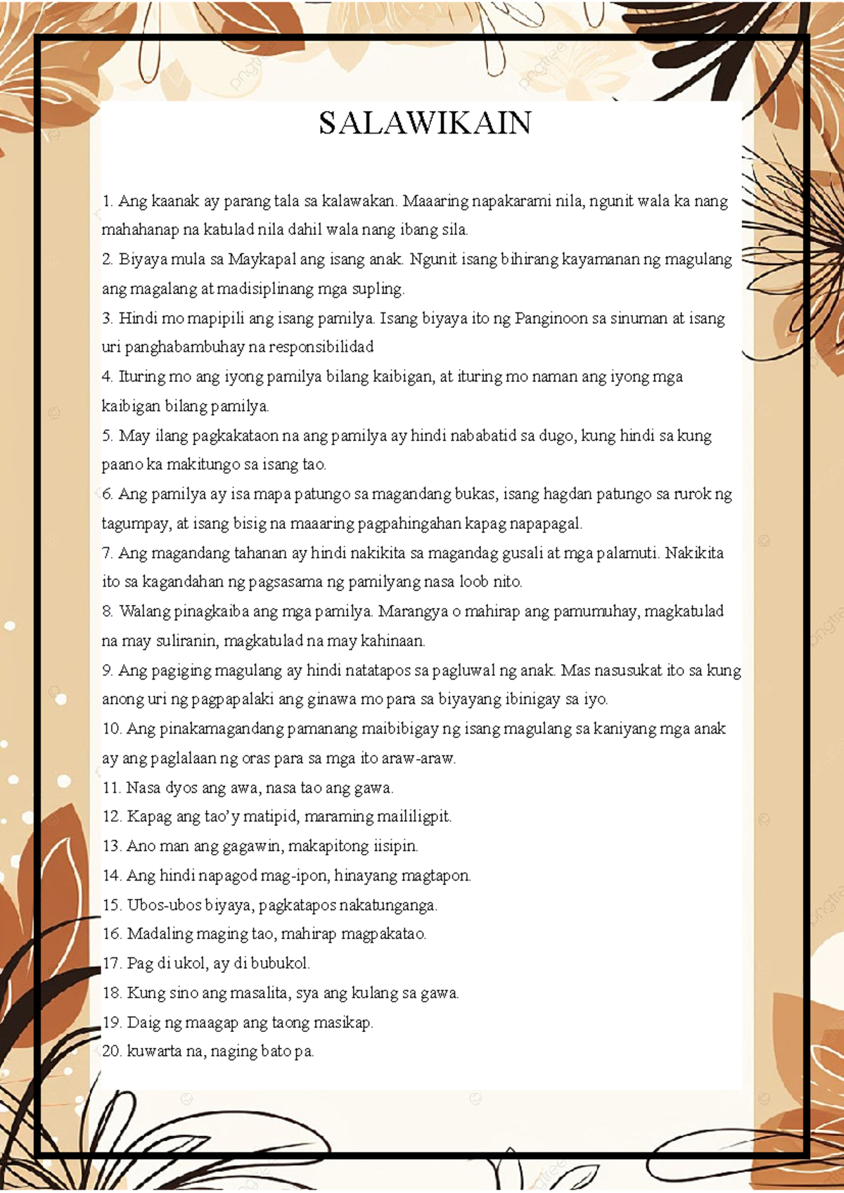 Salawikain - SALAWIKAIN 1. Ang kaanak ay parang tala sa kalawakan ...