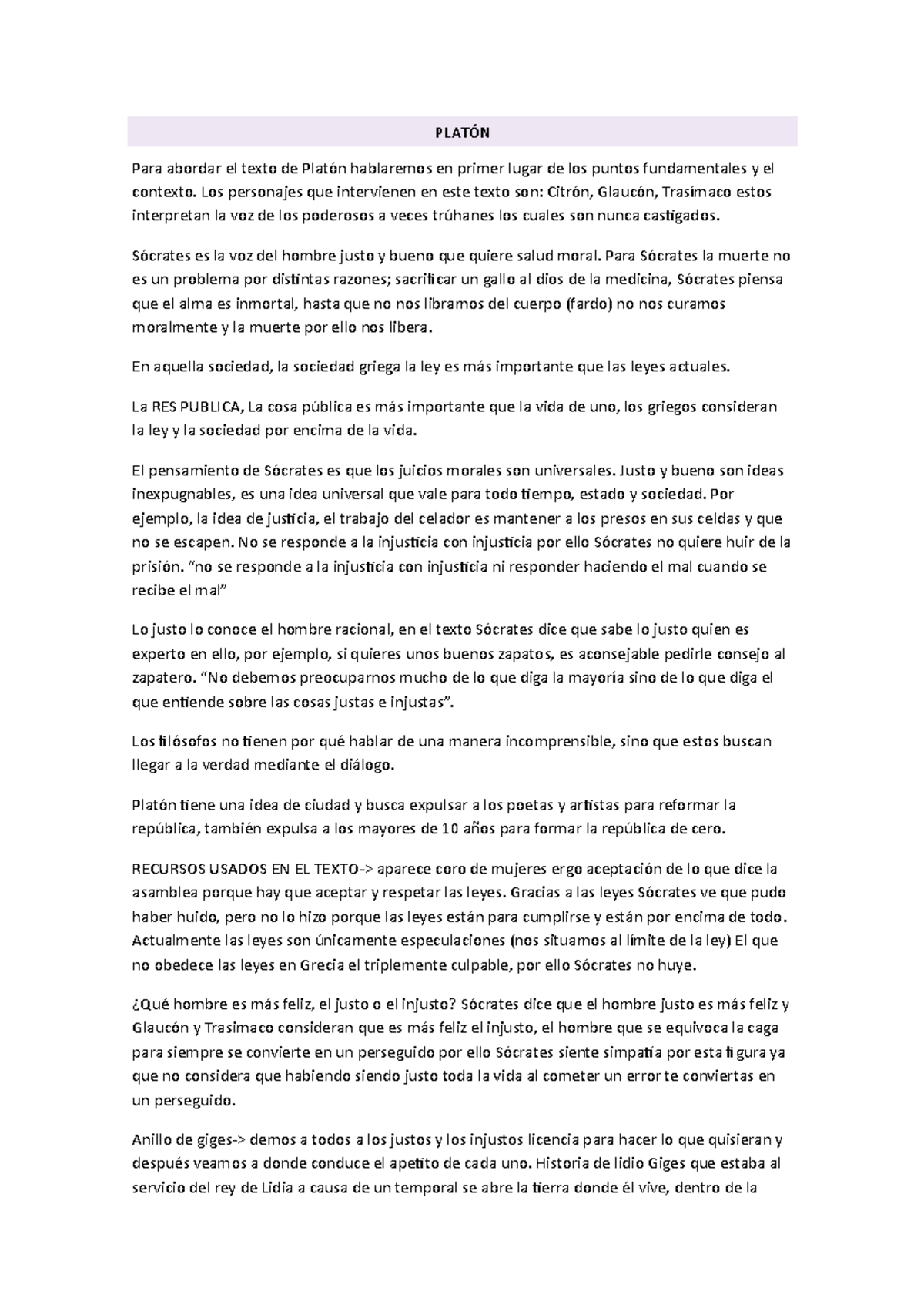 Platón - PLATÓN Para abordar el texto de Platón hablaremos en primer ...