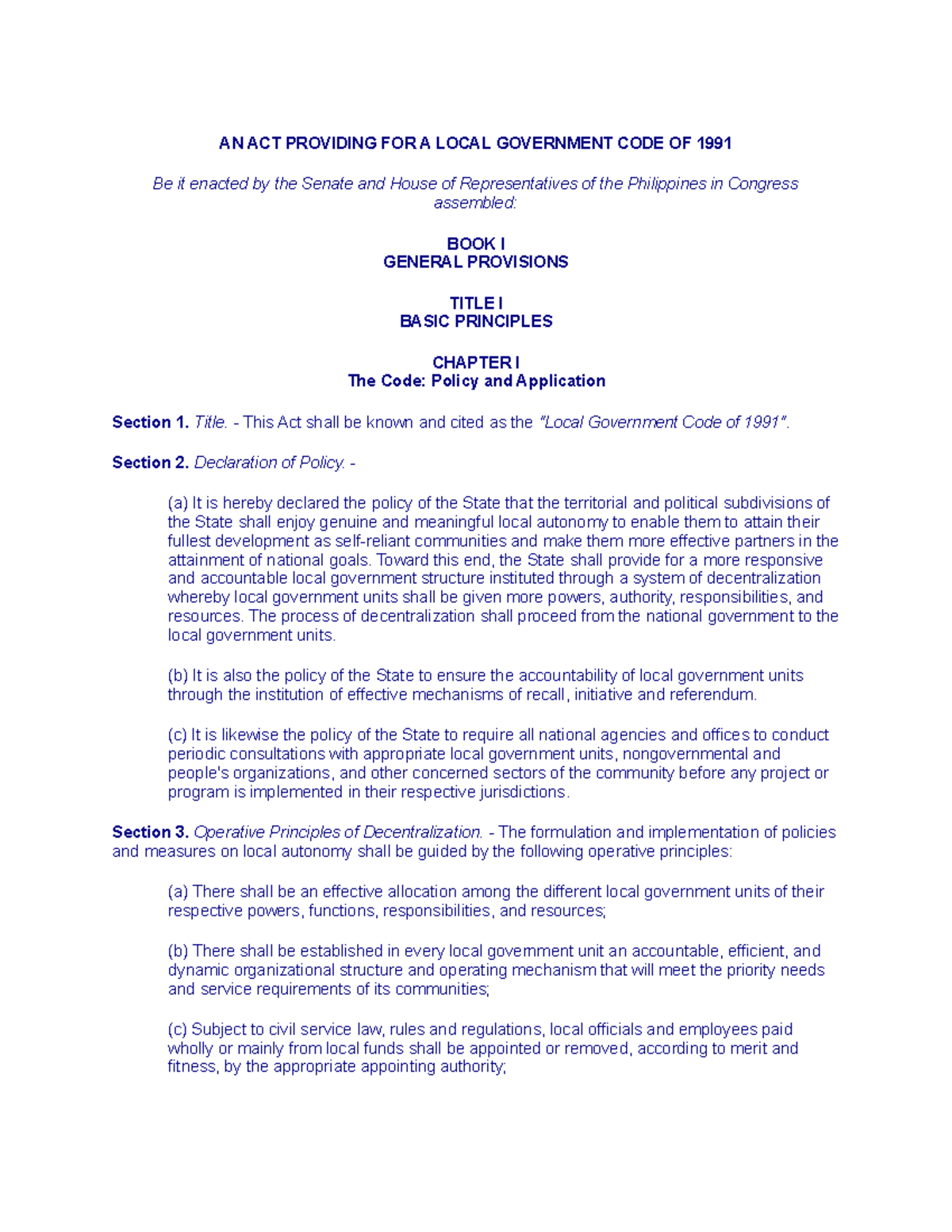 RA 7160 - codal - AN ACT PROVIDING FOR A LOCAL GOVERNMENT CODE OF 1991 ...