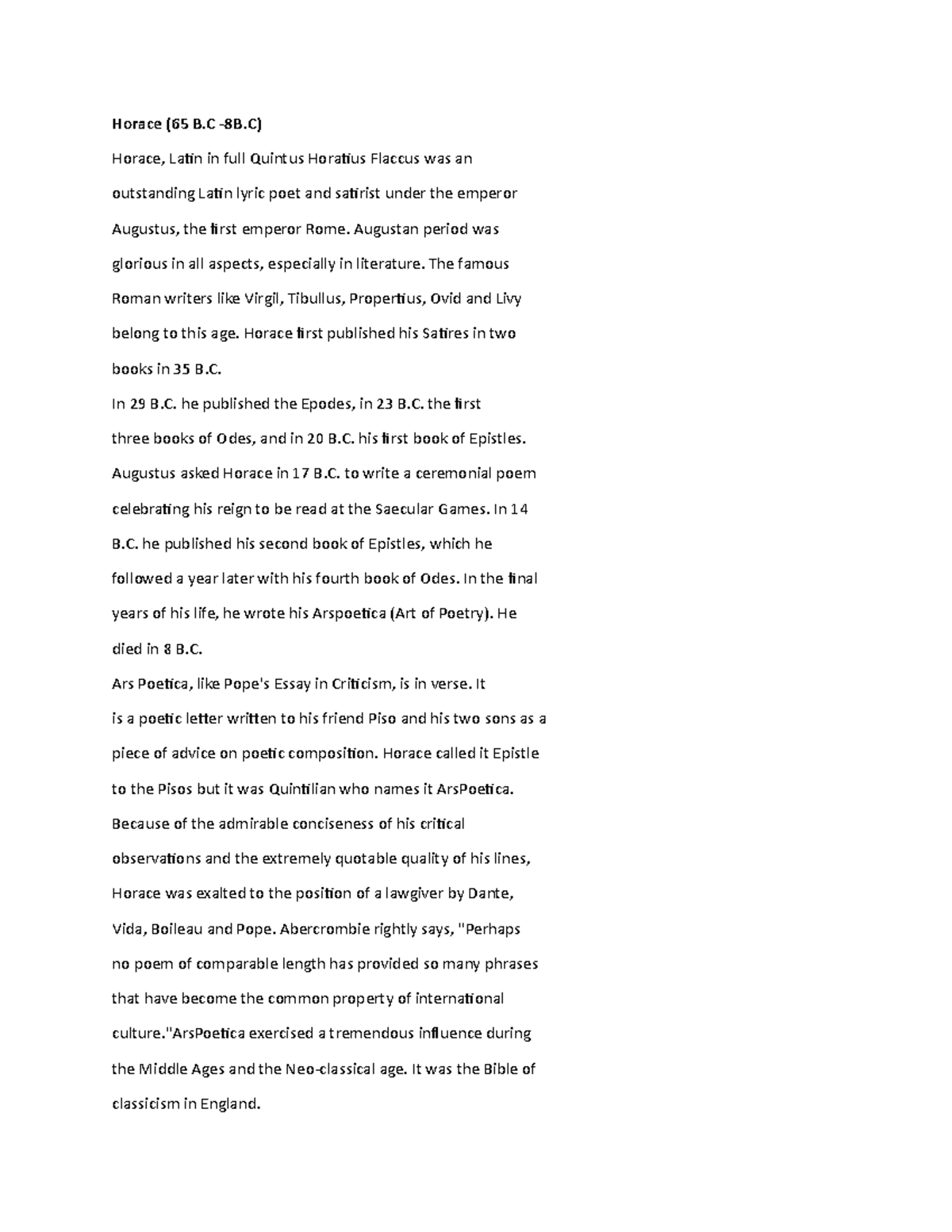 Western criticism Horace - Horace (65 B -8B) Horace, Latin in full ...