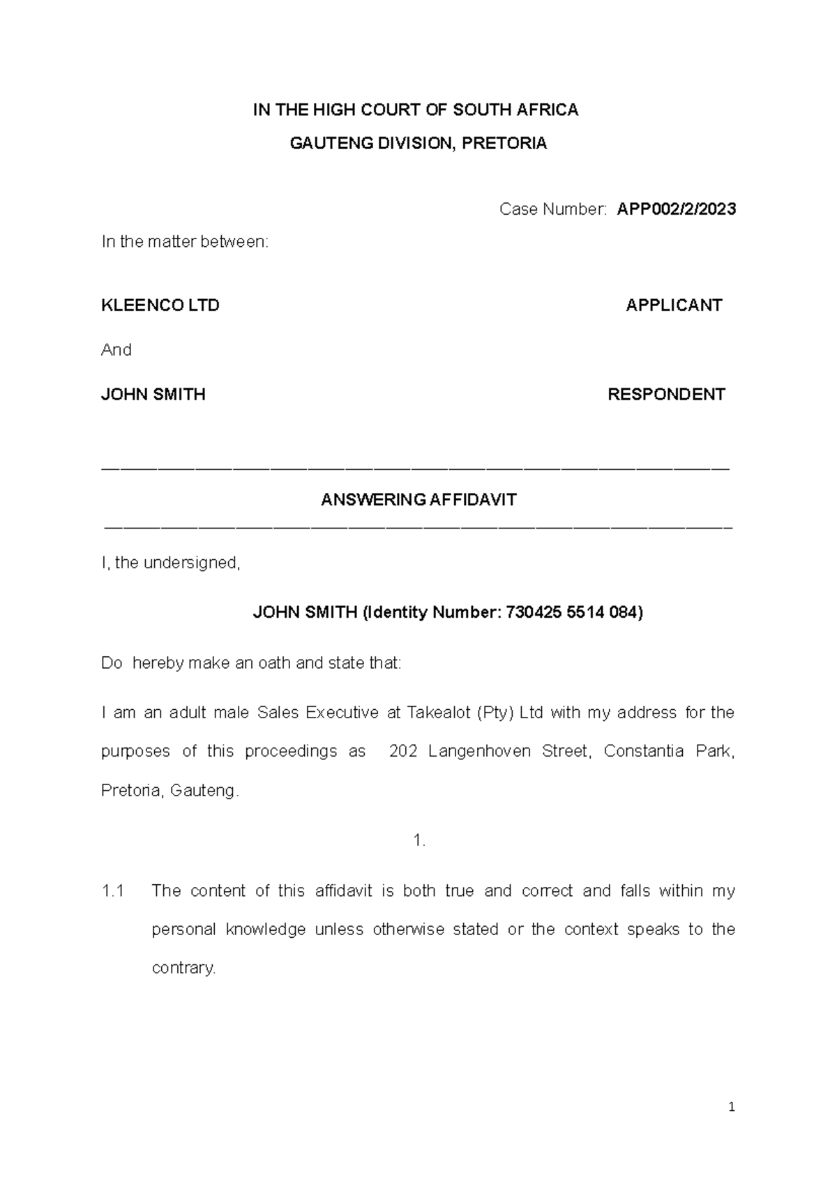 Answering Affidavit Moots - IN THE HIGH COURT OF SOUTH AFRICA GAUTENG DIVISION, PRETORIA Case ...
