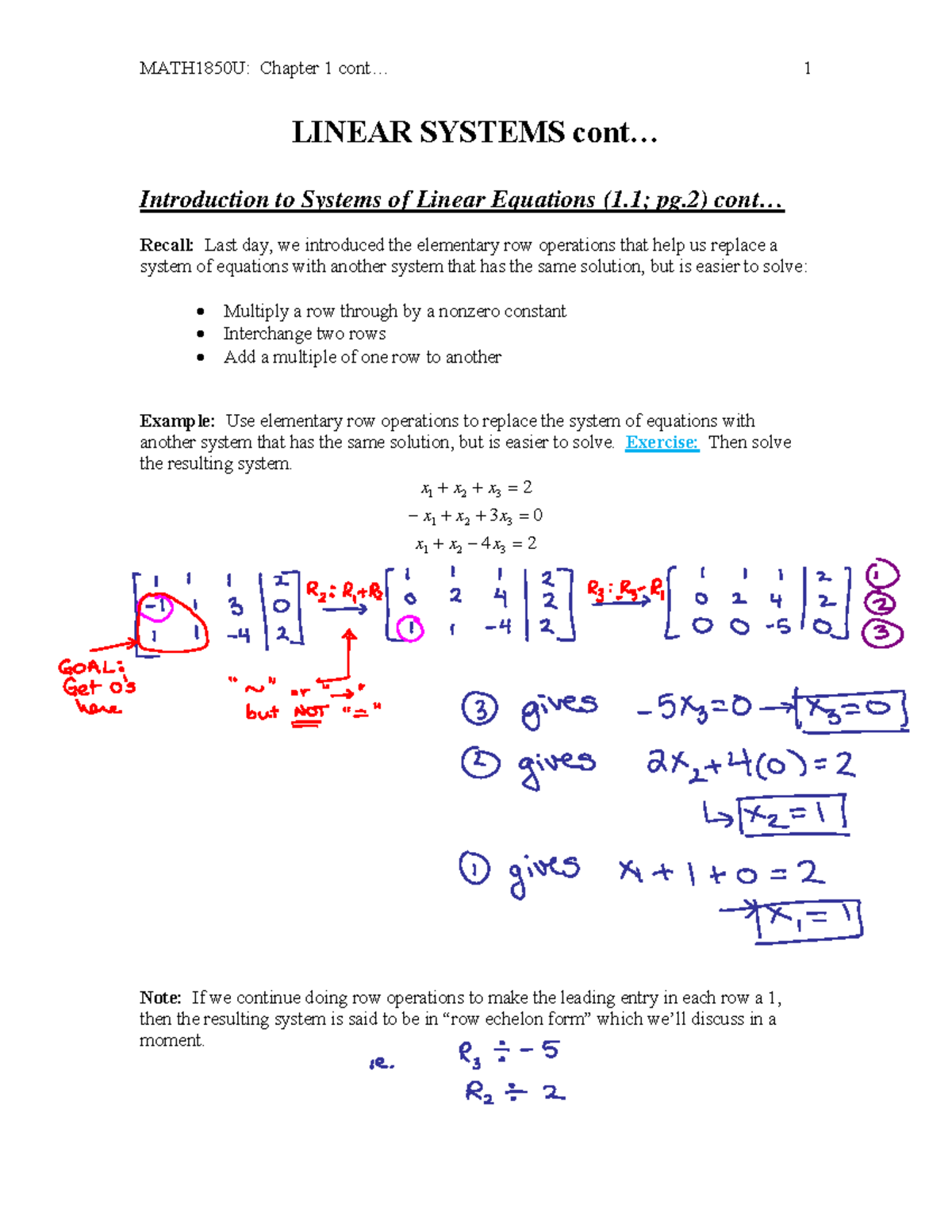 Week 1.1 (1 - Lecture 2 - MATH1850U: Chapter 1 1 LINEAR SYSTEMS ...