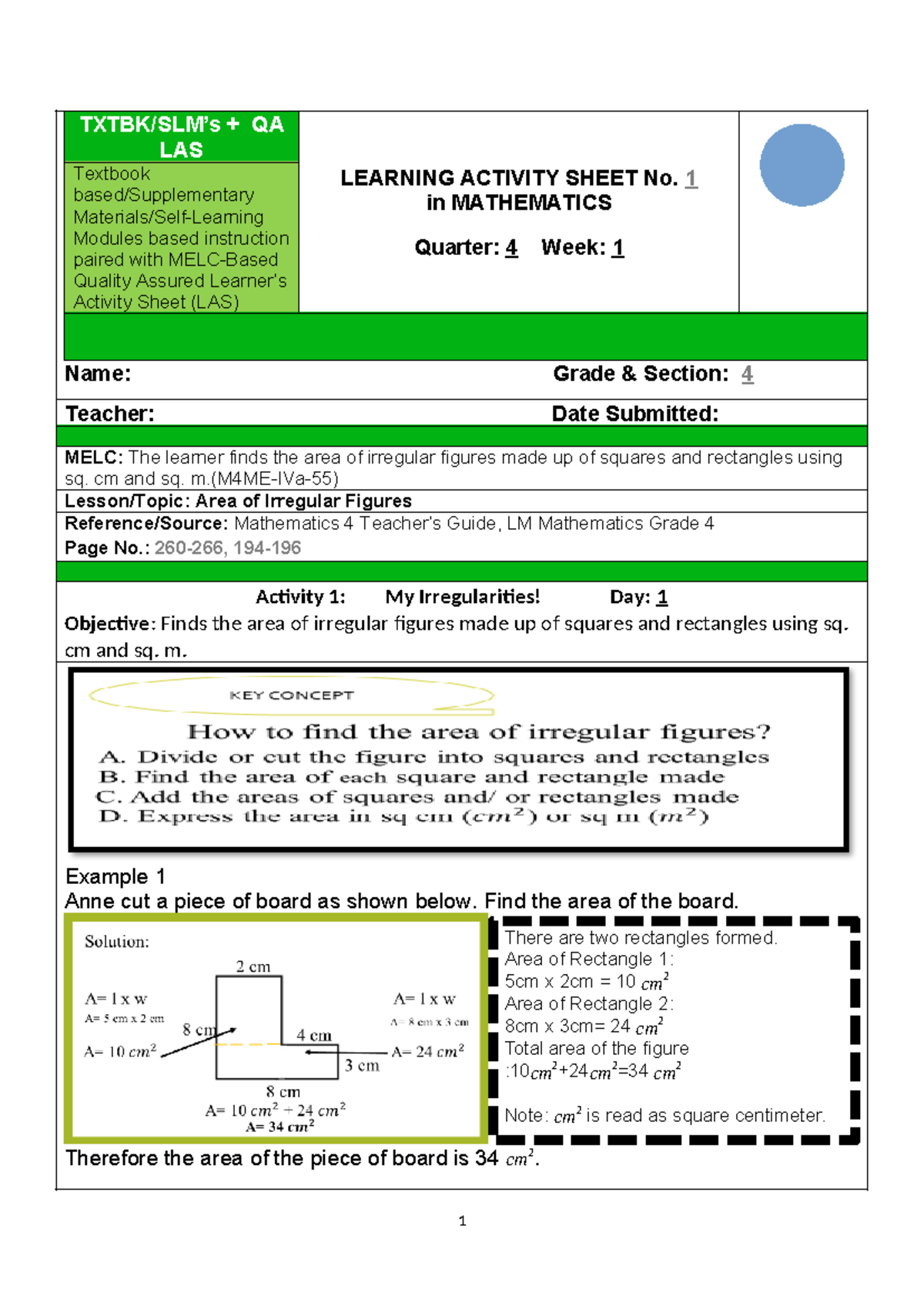 Quarter 4 Week 1 Math 4 - hehee - TXTBK/SLM’s + QA LAS LEARNING ACTIVITY SHEET No. 1 in ...