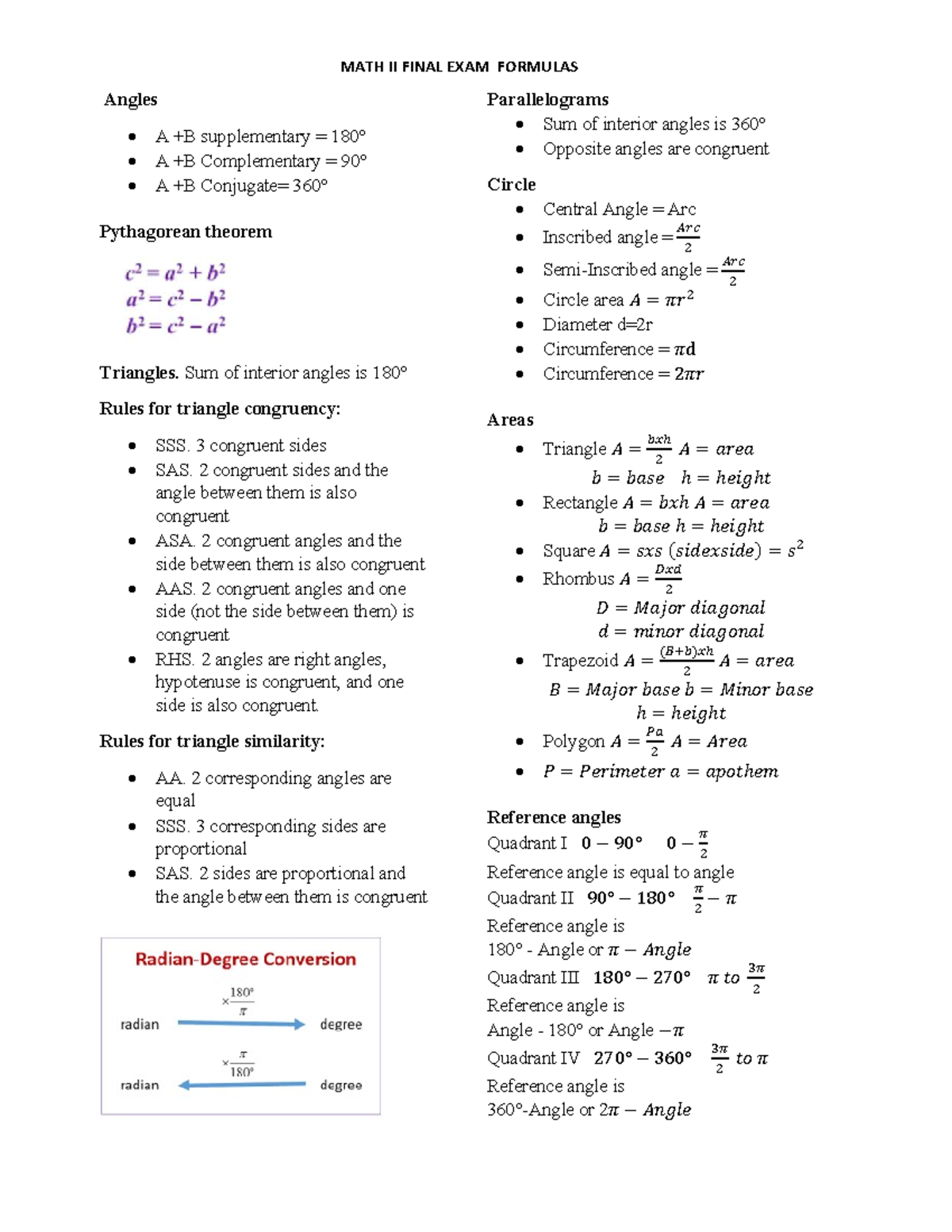 Math II Formulas for Final Exam - MATH II FINAL EXAM FORMULAS Angles A ...
