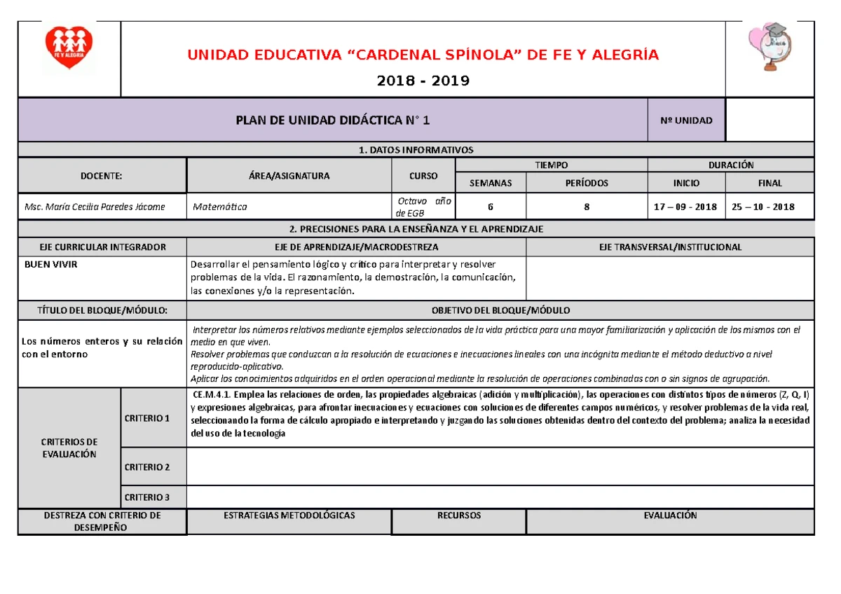 Planificaci+ô N DE Unidad DID+ü Ctica 03 Matem+ü TICA EGB Superior - UNIDAD EDUCATIVA “CARDENAL ...