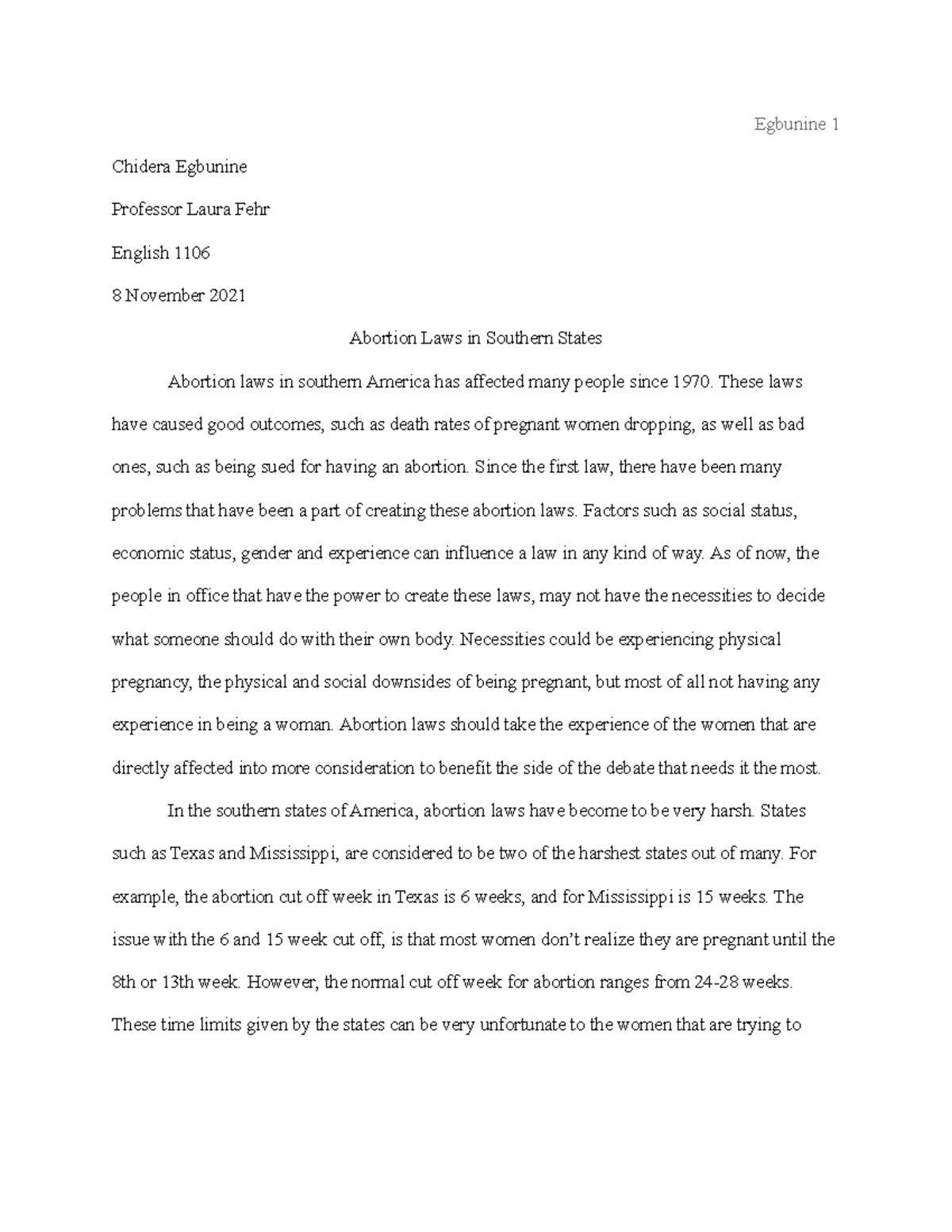 Abortion Laws in Southern States - Chidera Egbunine Professor Laura ...