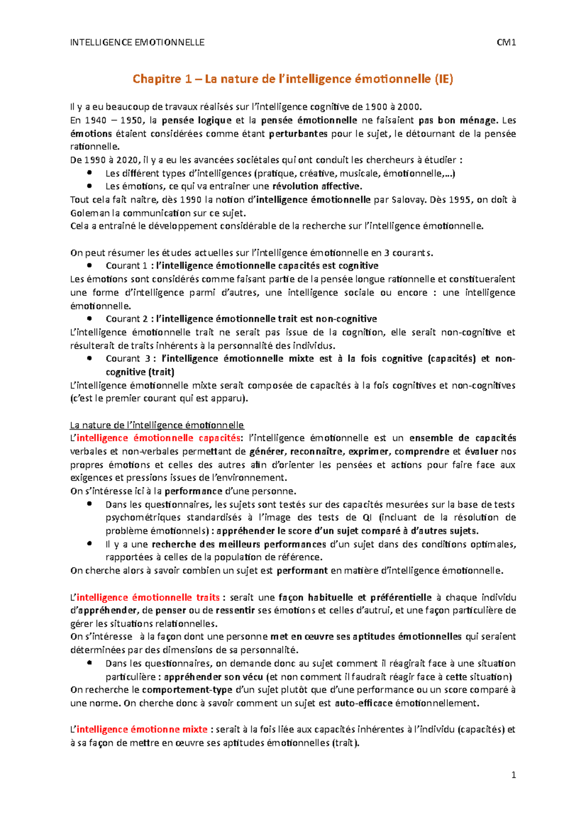 Intel emo cm1 - Notes cm 1 - intelligence émotionnelle - URCA - Studocu