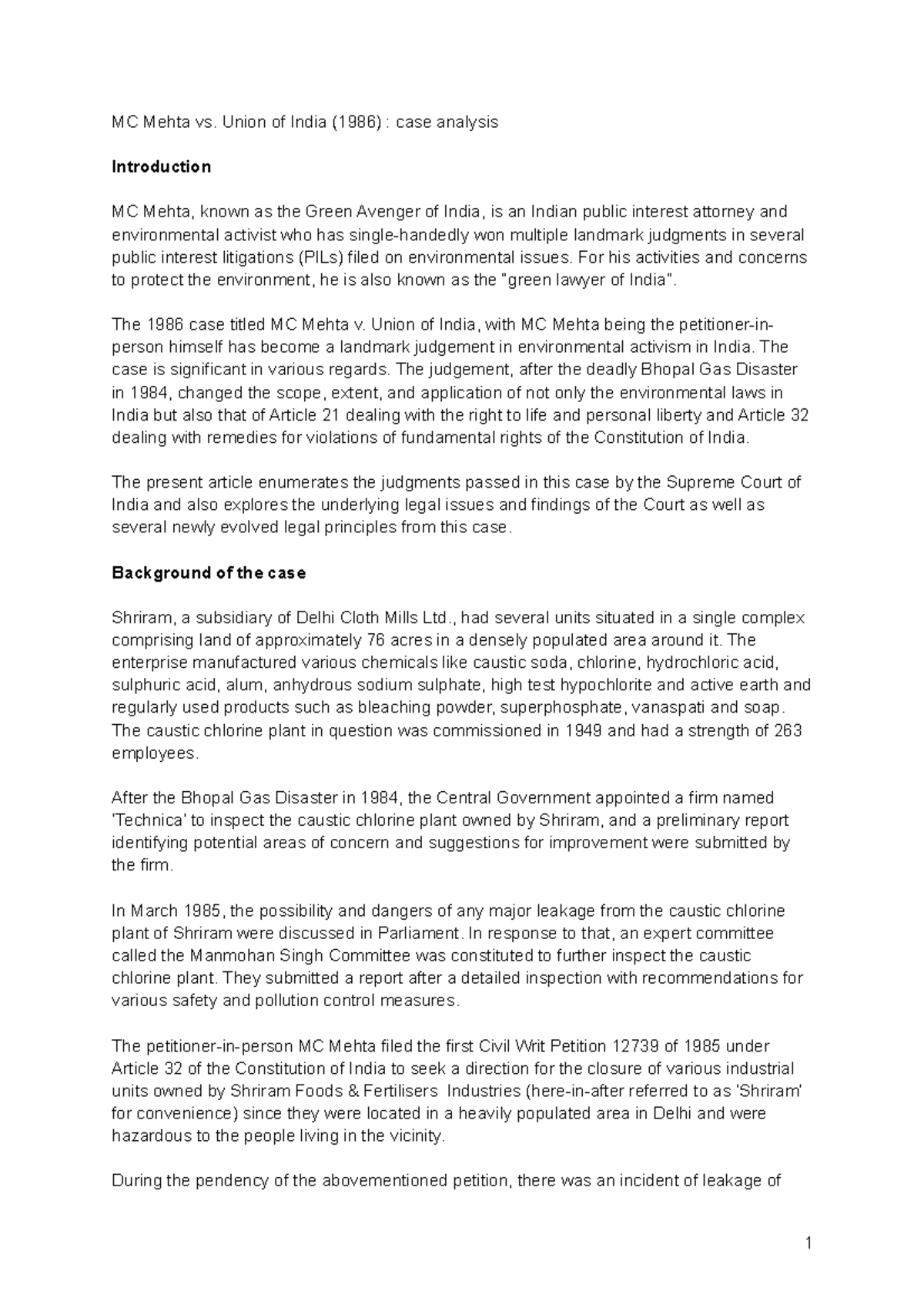 New MC Mehta - MC Mehta vs. Union of India (1986) : case analysis ...