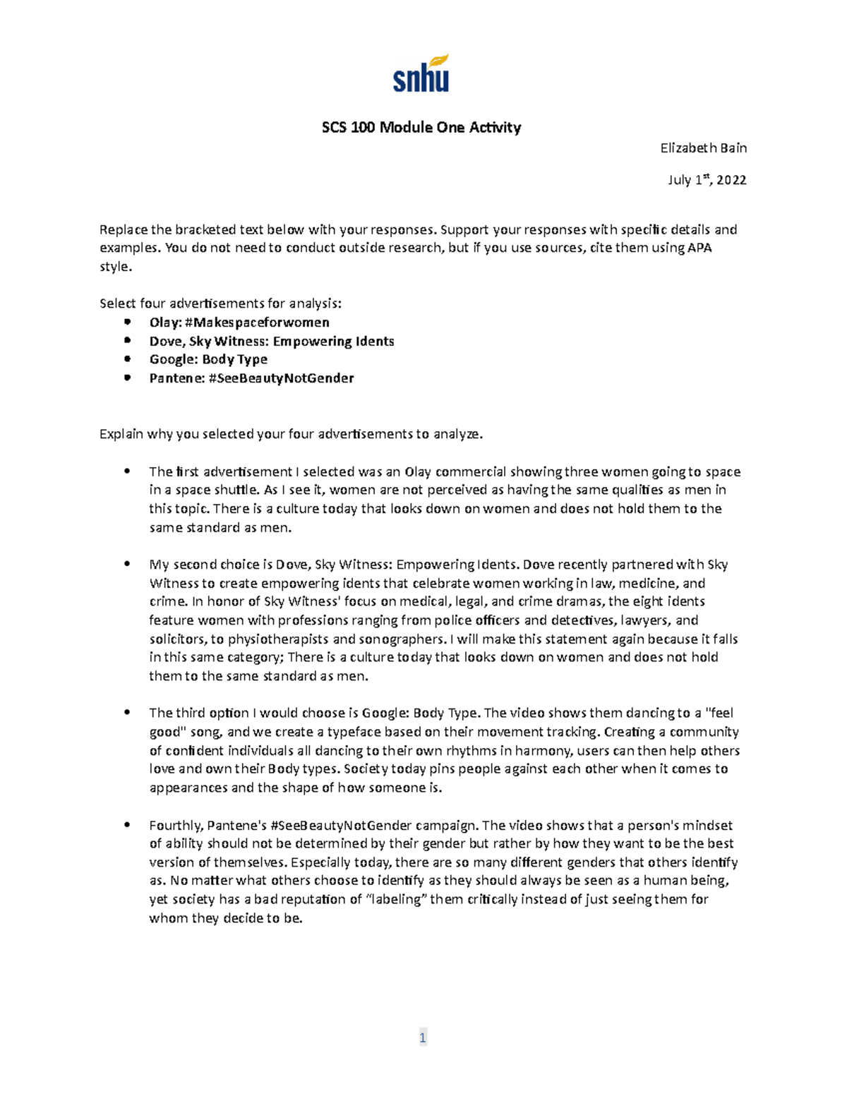 SCS 100 Module One Activity - SCS 100 Module One Activity Elizabeth ...