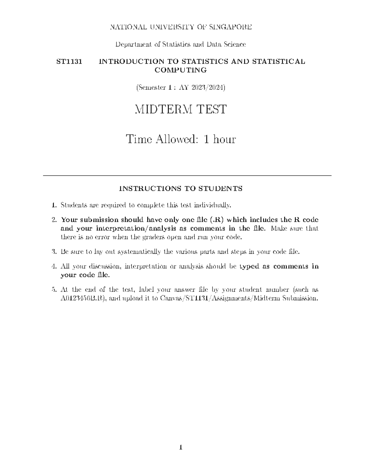 Practice Midterm Sem1 2324 - NATIONAL UNIVERSITY OF SINGAPORE Department of Statistics and Data ...