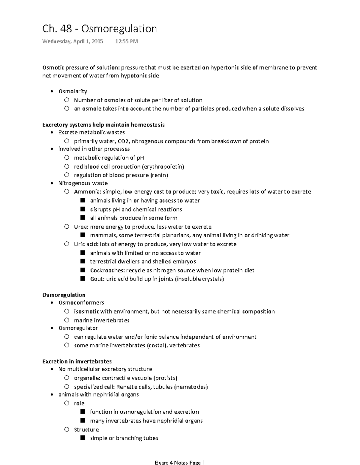 Ch. 48 - Osmoregulation - Ch. 48 - Osmoregulation Wednesday, April 1 ...