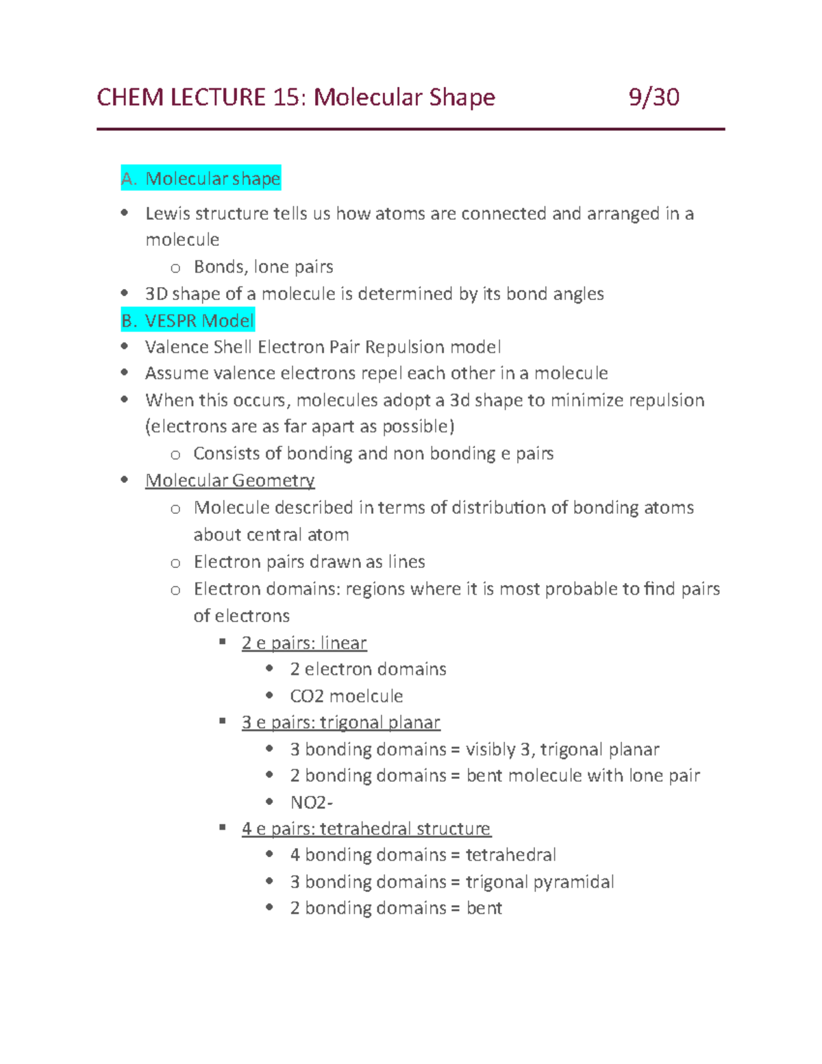lecture notes molecular shapes hilty - CHEM LECTURE 15: Molecular Shape ...