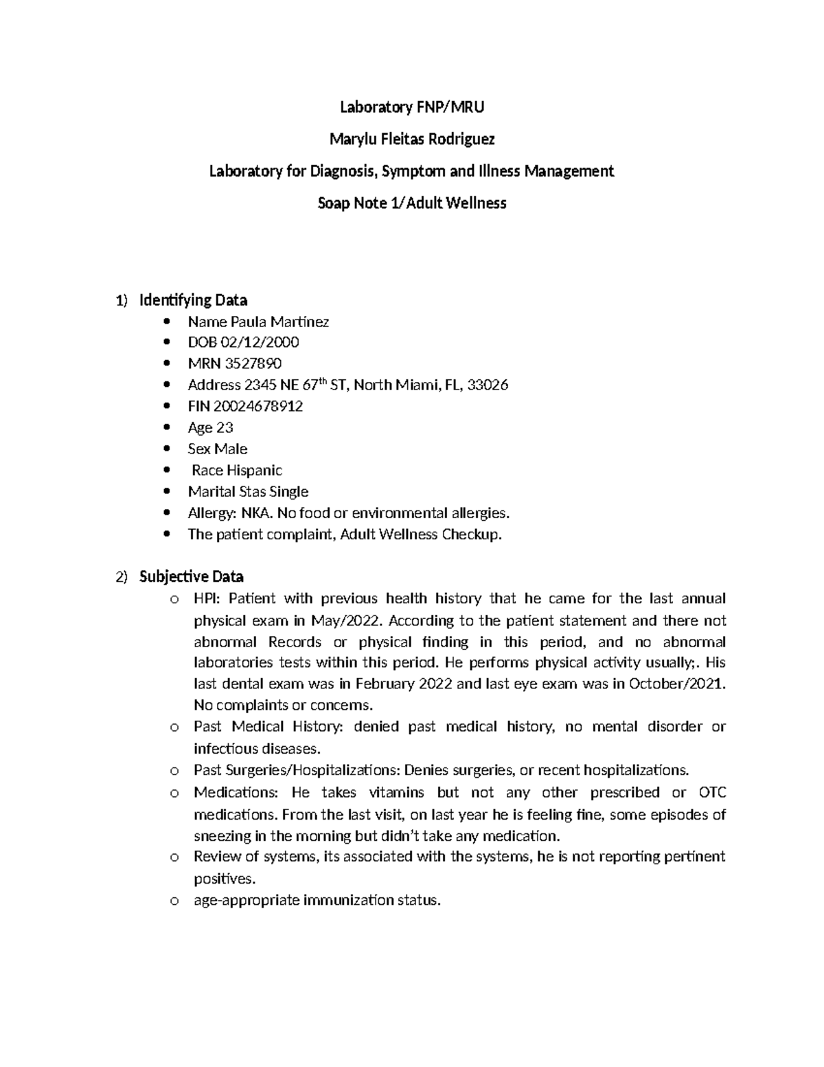 MRU Soap Note Rubric 2021-1 - Laboratory FNP/MRU Marylu Fleitas ...