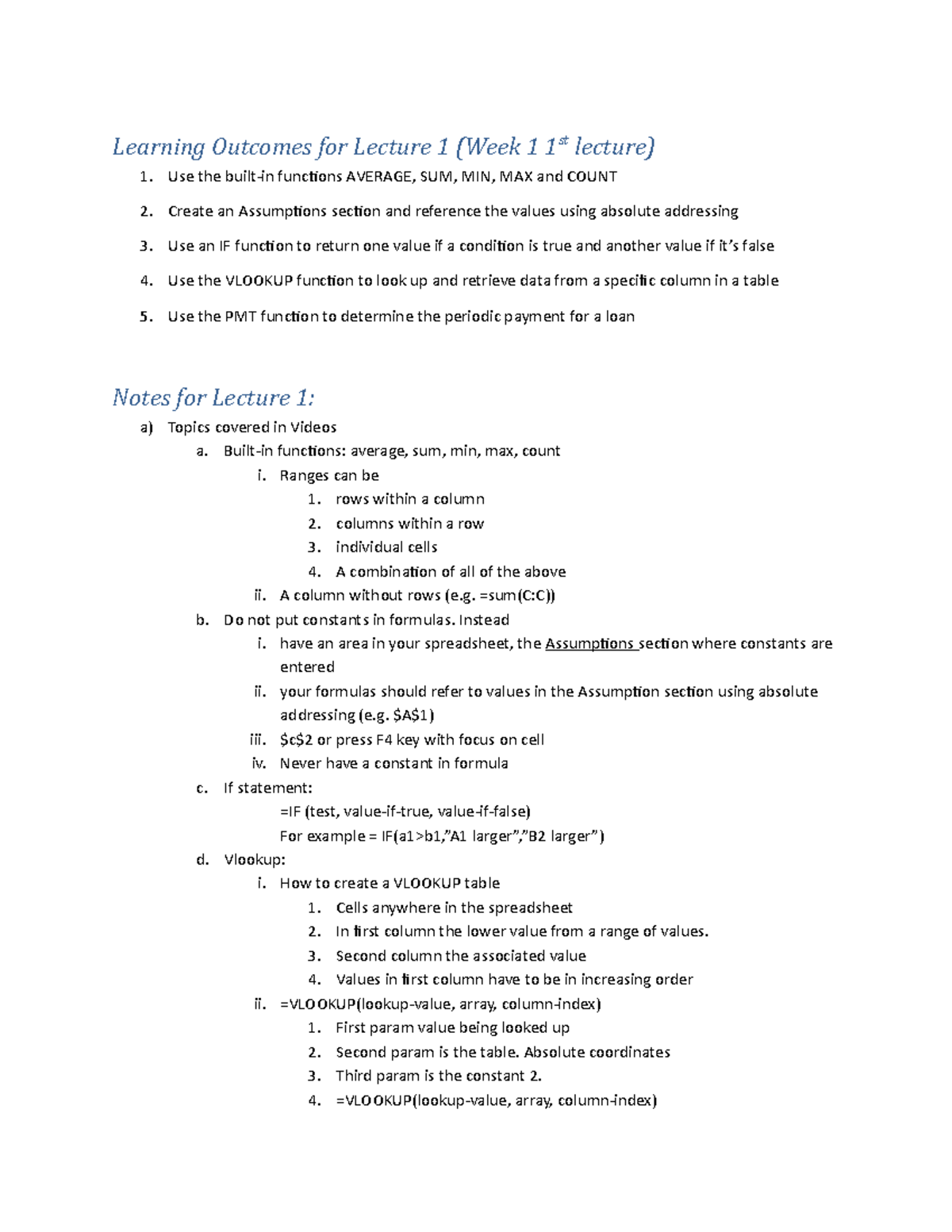 Notes 1-1(2) - Learning Outcomes for Lecture 1 (Week 1 1st lecture) Use ...
