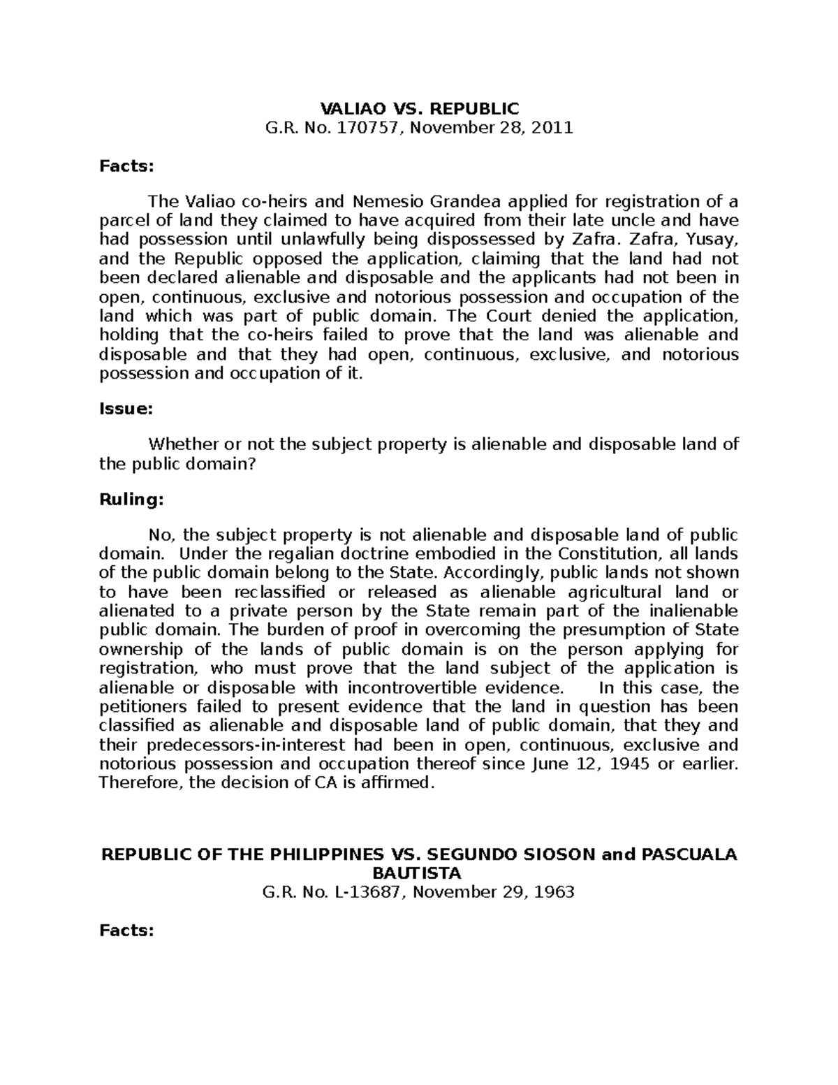 LTD - LTD Case Digest - VALIAO VS. REPUBLIC G. No. 170757, November 28 ...