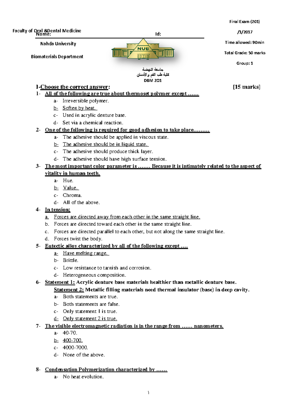 Final exam 201- (1) - محلول - Faculty of Oral &Dental Medicine Nahda ...