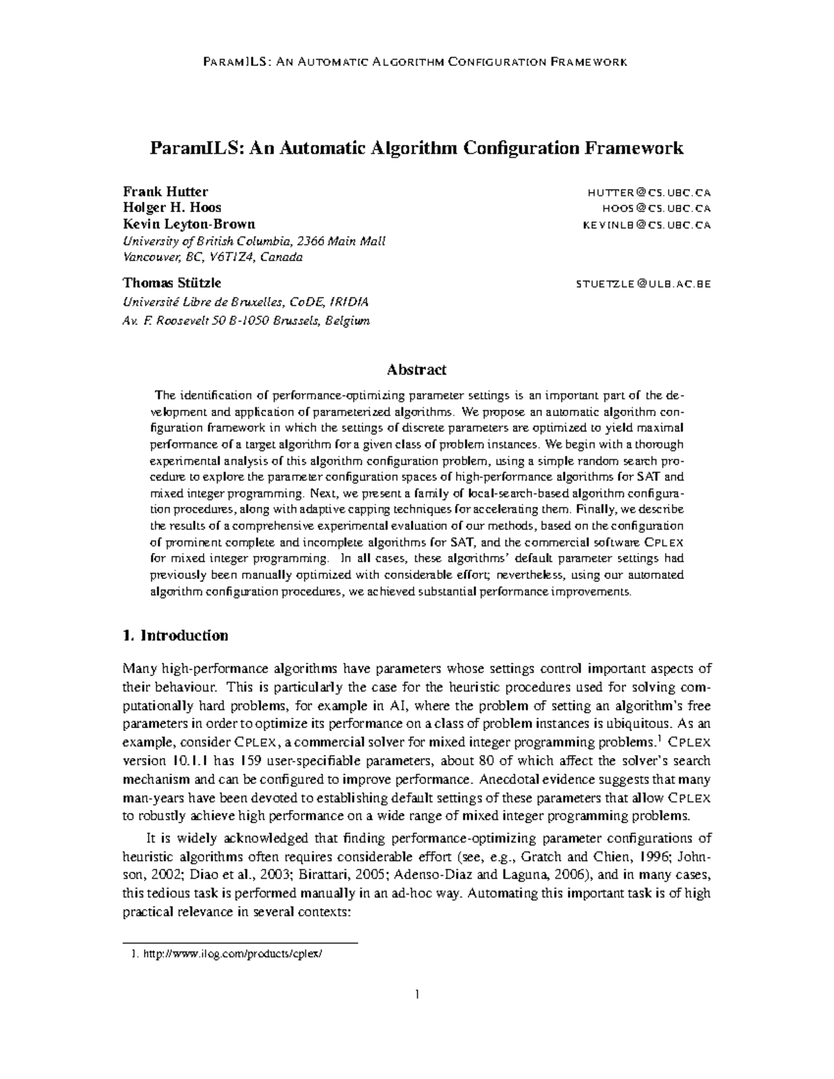 Param ILS An Automatic Algorithm Configuration Framework - PARAMILS: - Studocu