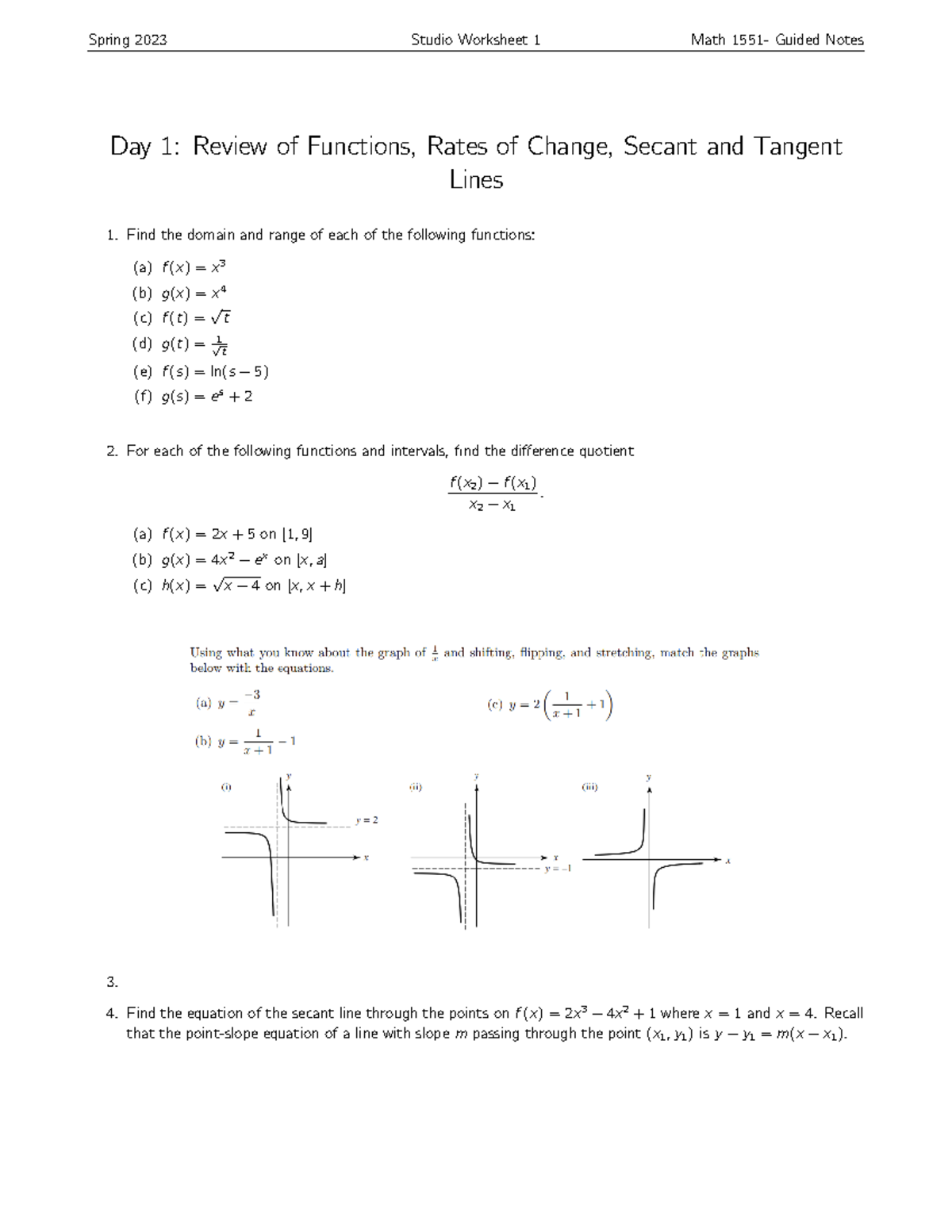 Day 1 studio worksheet - Spring 2023 Studio Worksheet 1 Math 1551 ...