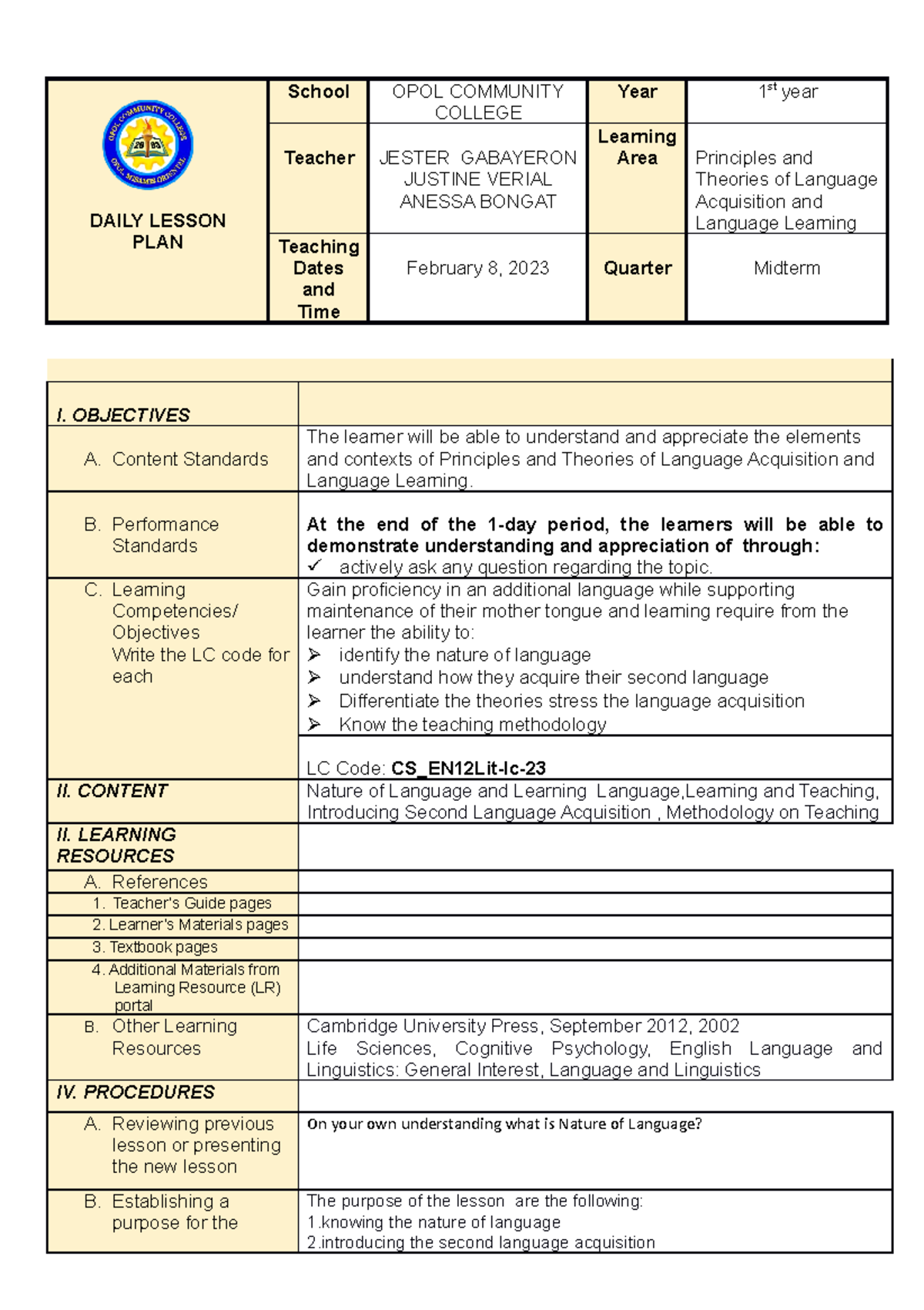 Semi-detailed Lesson plan - DAILY LESSON PLAN School OPOL COMMUNITY ...