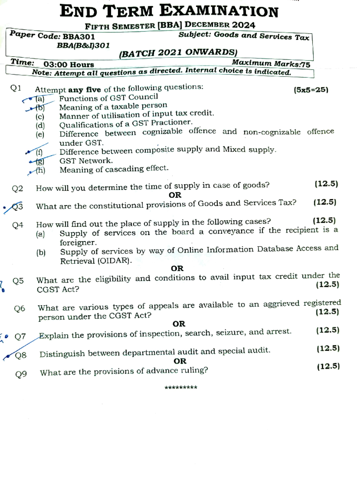 GST Question Paper December 2024 - Time: Paper Code: BBA BBA(B&) Q Q Q ...