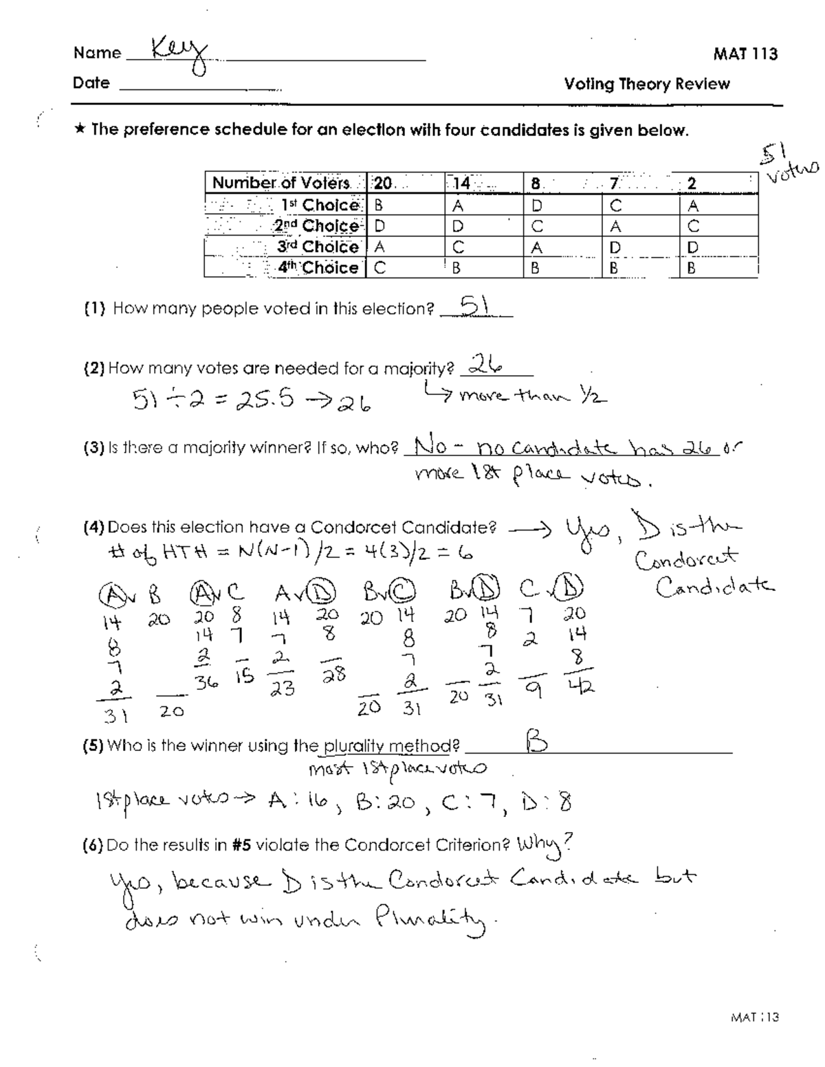 Voting Theory Review ver 11.19 Study Guide - MAT 113 - Studocu
