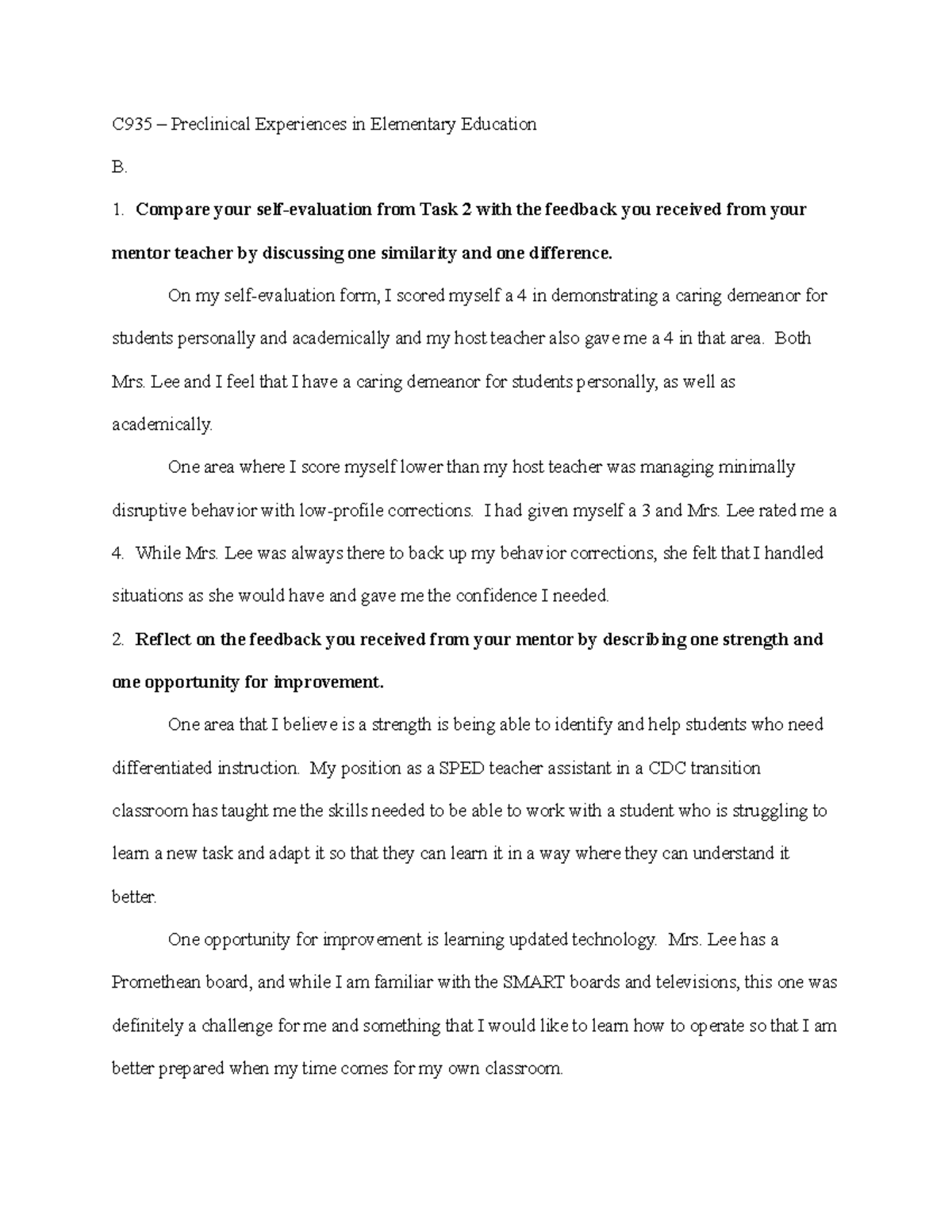 Task 3 - Preclinical Experiences - No revisions needed - C935 ...