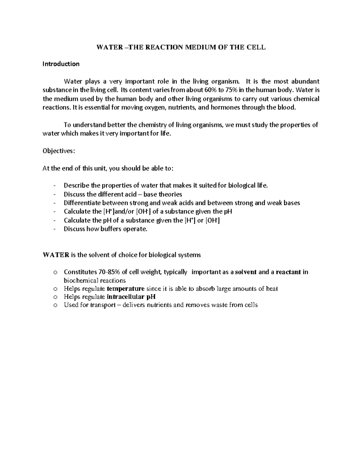 Water - none - WATER – THE REACTION MEDIUM OF THE CELL Introduction ...