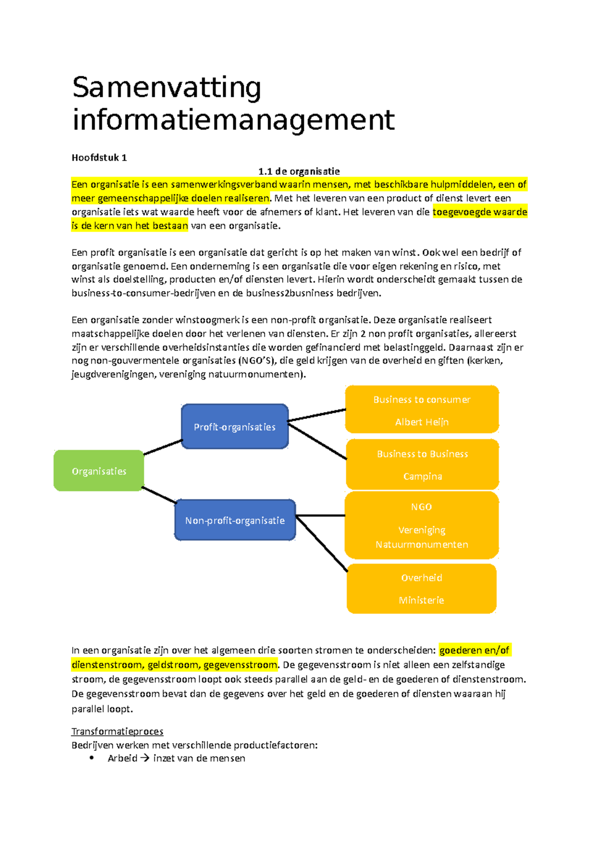 Samenvatting Informatiekunde 3 - Samenvatting informatiemanagement Hoofdstuk 1 1 de organisatie ...
