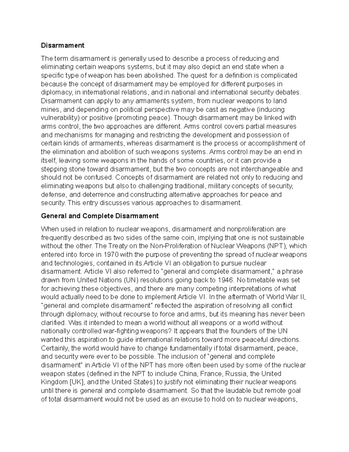 Disarmament - The quest for a definition is complicated because the ...