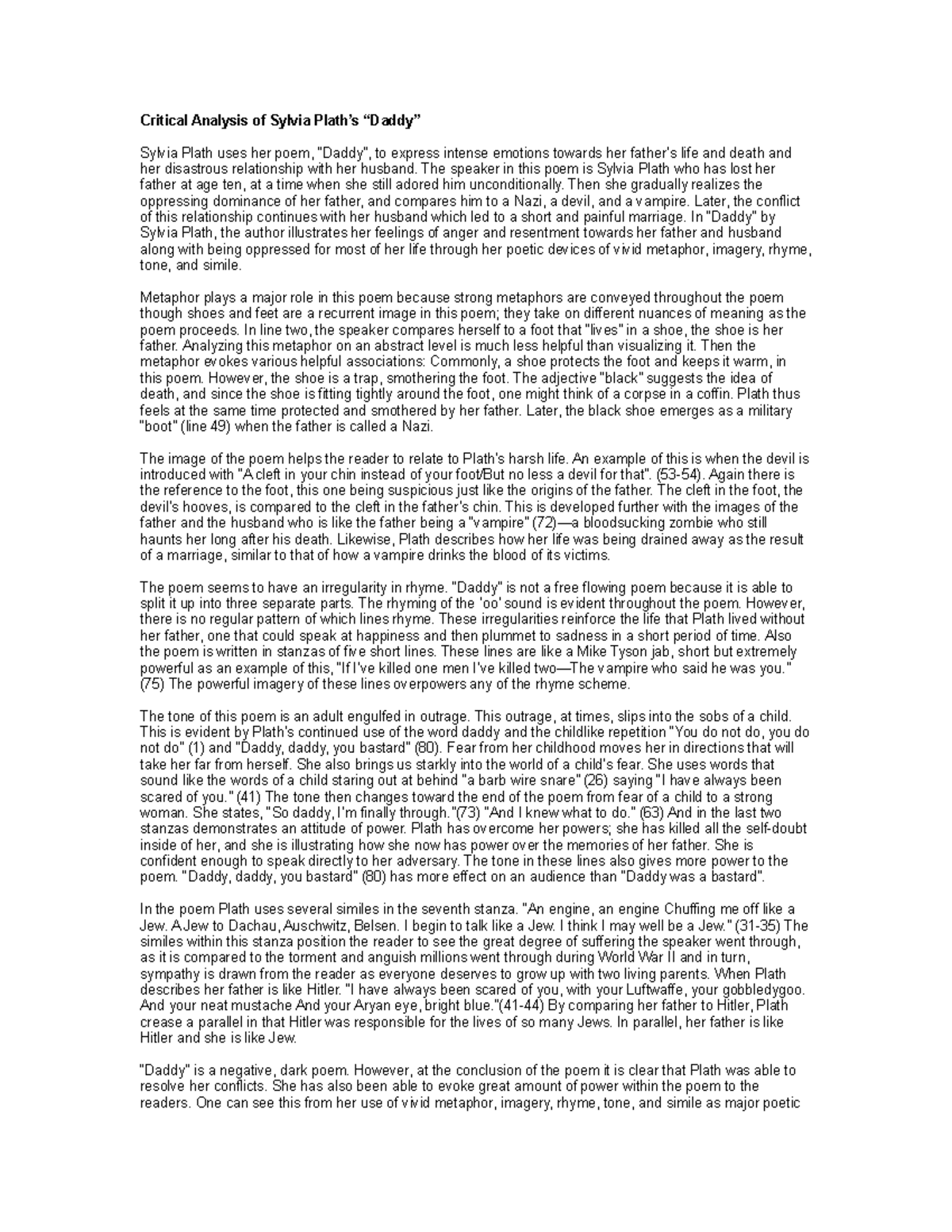 Extra-daddy-notes - Daddy poem notes - Critical Analysis of Sylvia ...
