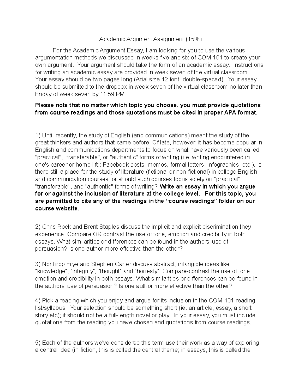 Academicargument - assignment - Academic Argument Assignment (15%) For ...