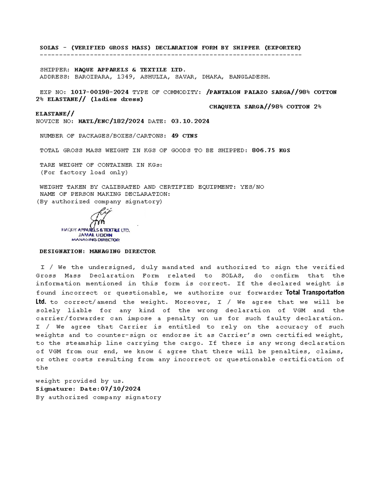 Solas-0182 - custom doc - SOLAS - (VERIFIED GROSS MASS) DECLARATION ...