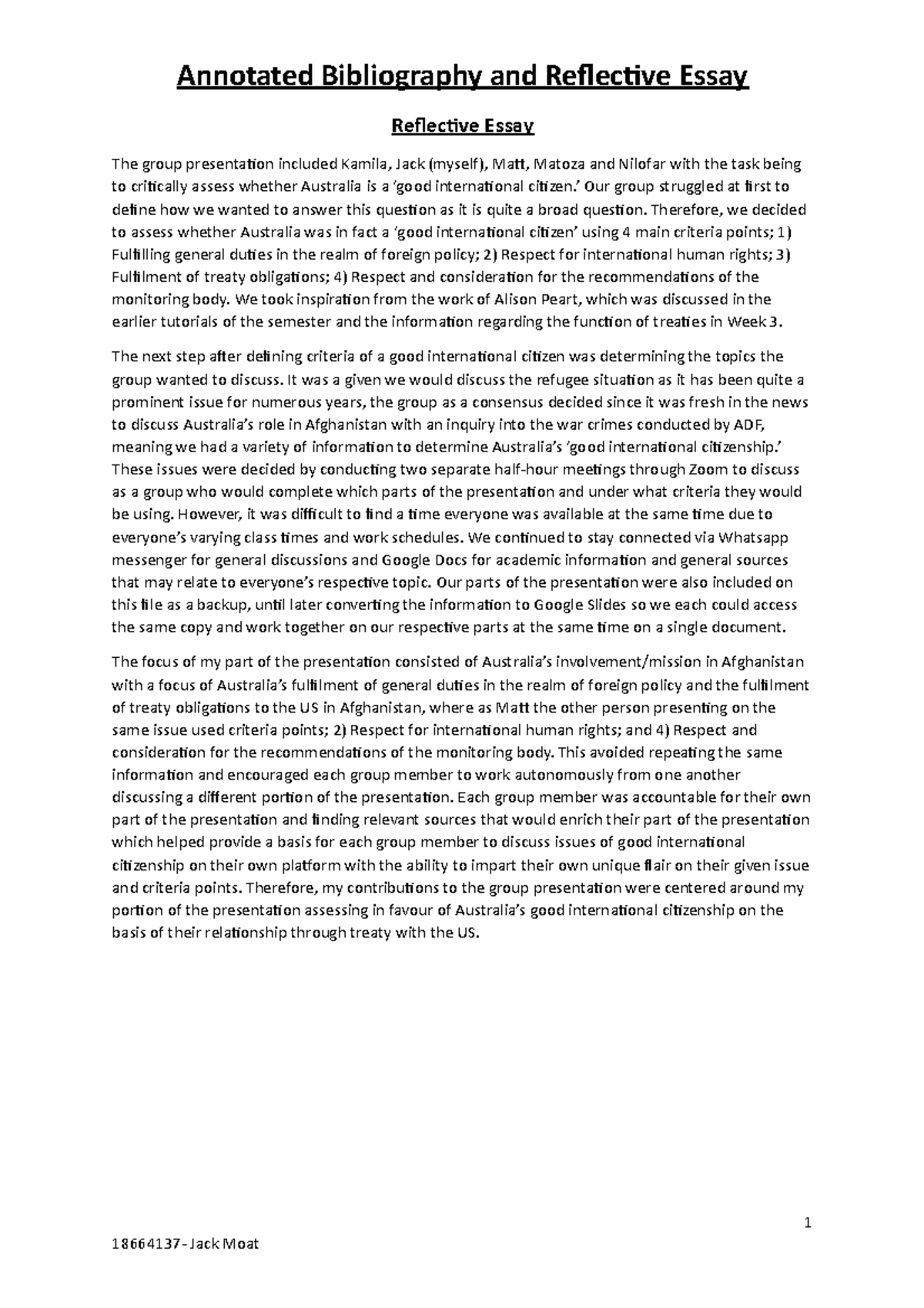PIL Annotated Bibliography and Reflection Essay - Reflective Essay The group presentation ...
