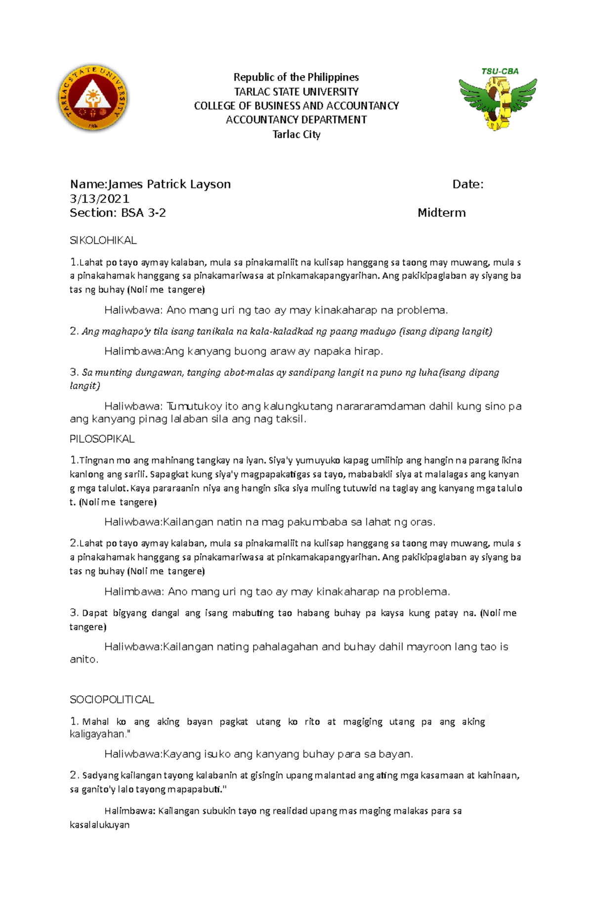 ARM Written Report Format - Republic of the Philippines TARLAC STATE ...