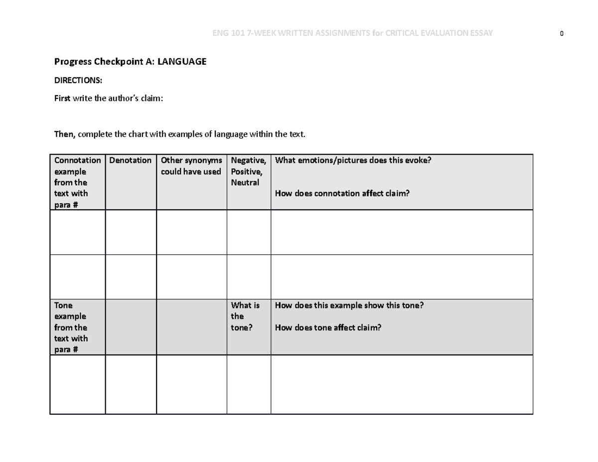 Progress Checkpoints ENG 101 7wk Revised 5523 - Progress Checkpoint A ...