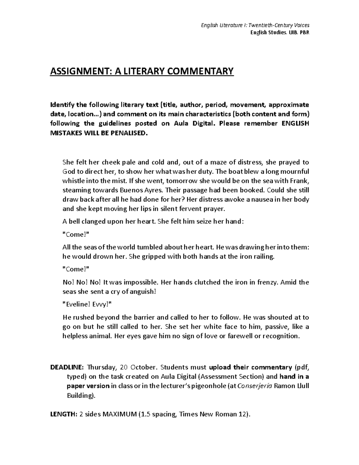 Assignment-2022-23 - asasas - English Literature I: Twentieth-Century ...